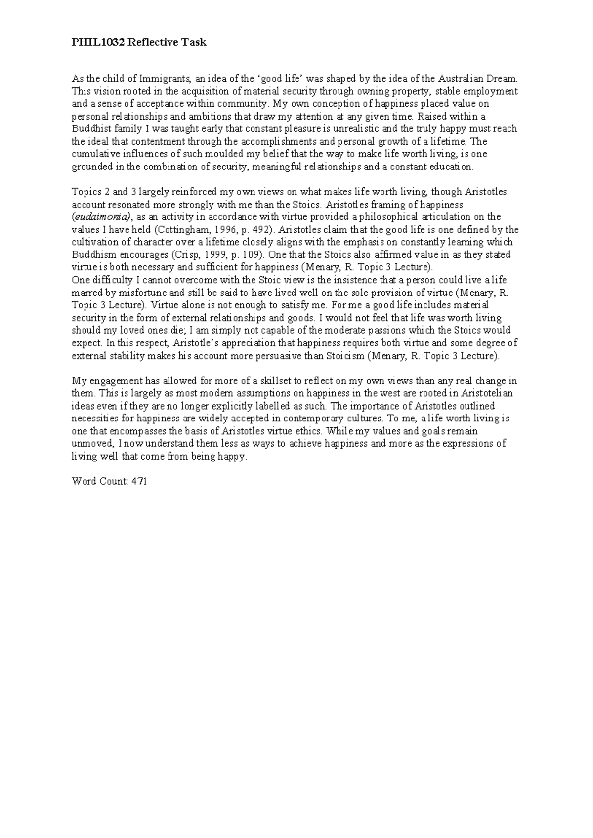 PHIL1032 Reflective Task: Exploring Happiness through Aristotle and ...