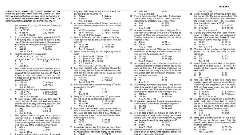Math02 - Sample Practice Problem Set 2: Algebra Solutions - Studocu