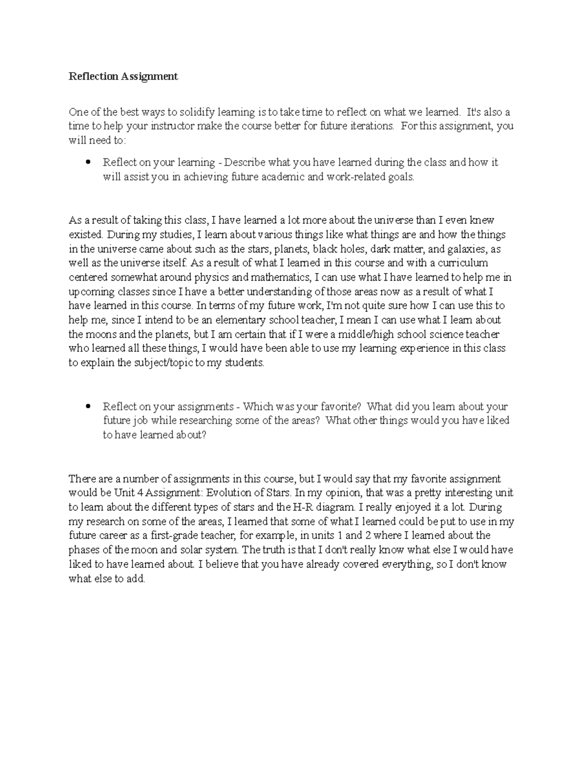 AST1002 - Reflection on Learning and Future Applications - Studocu