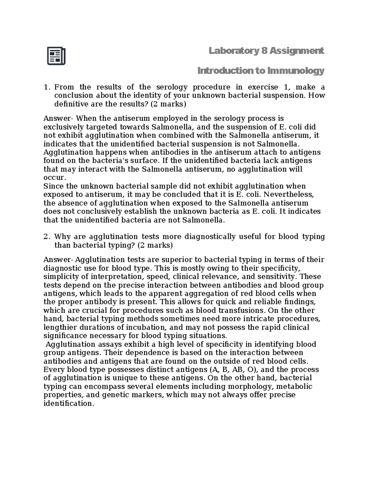 Lab 8 Assignment - lab 8 - Laboratory 8 Assignment Introduction to Immunology 1. From the ...