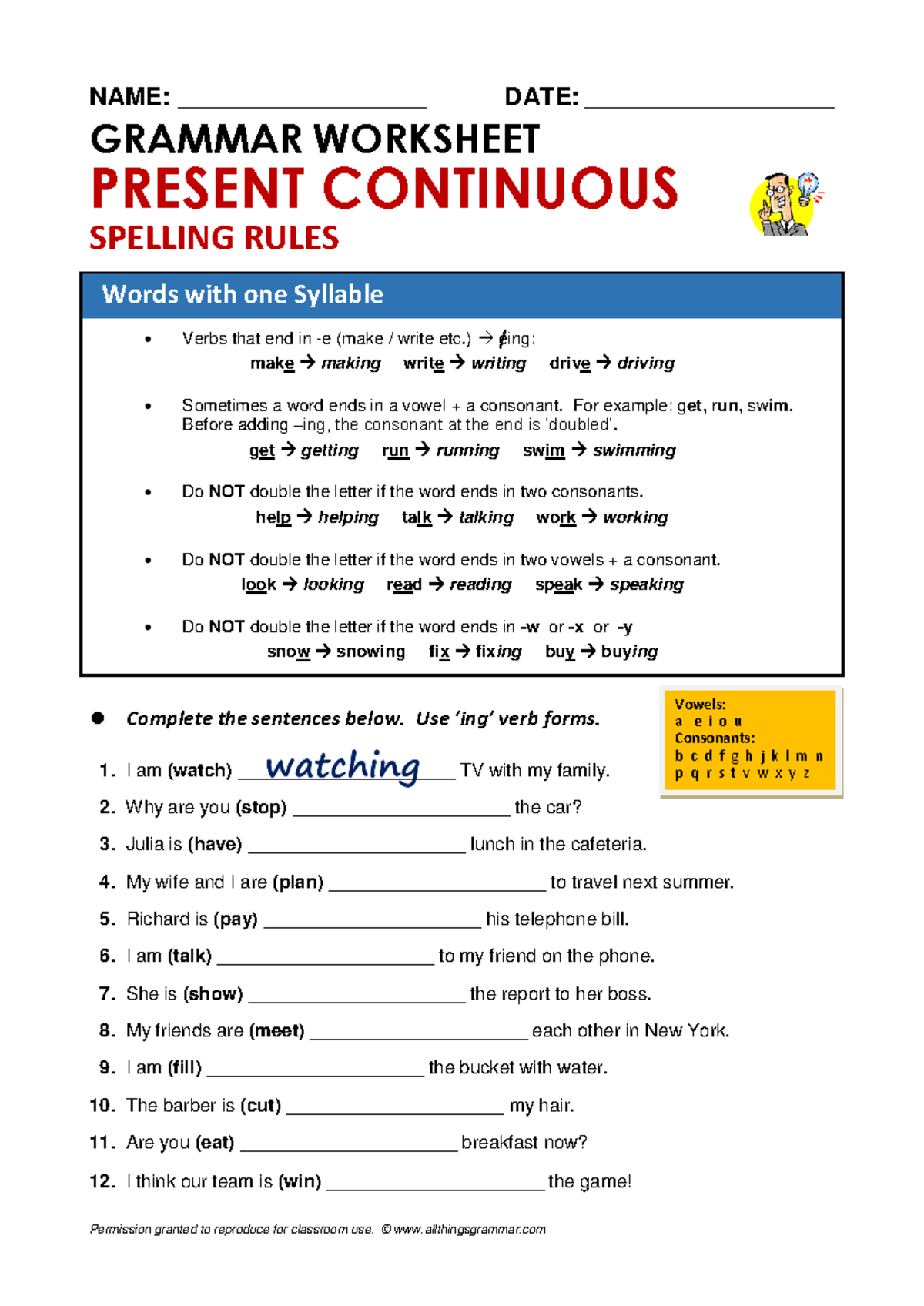 Grammar Worksheet: Present Continuous Spelling Rules - Studocu