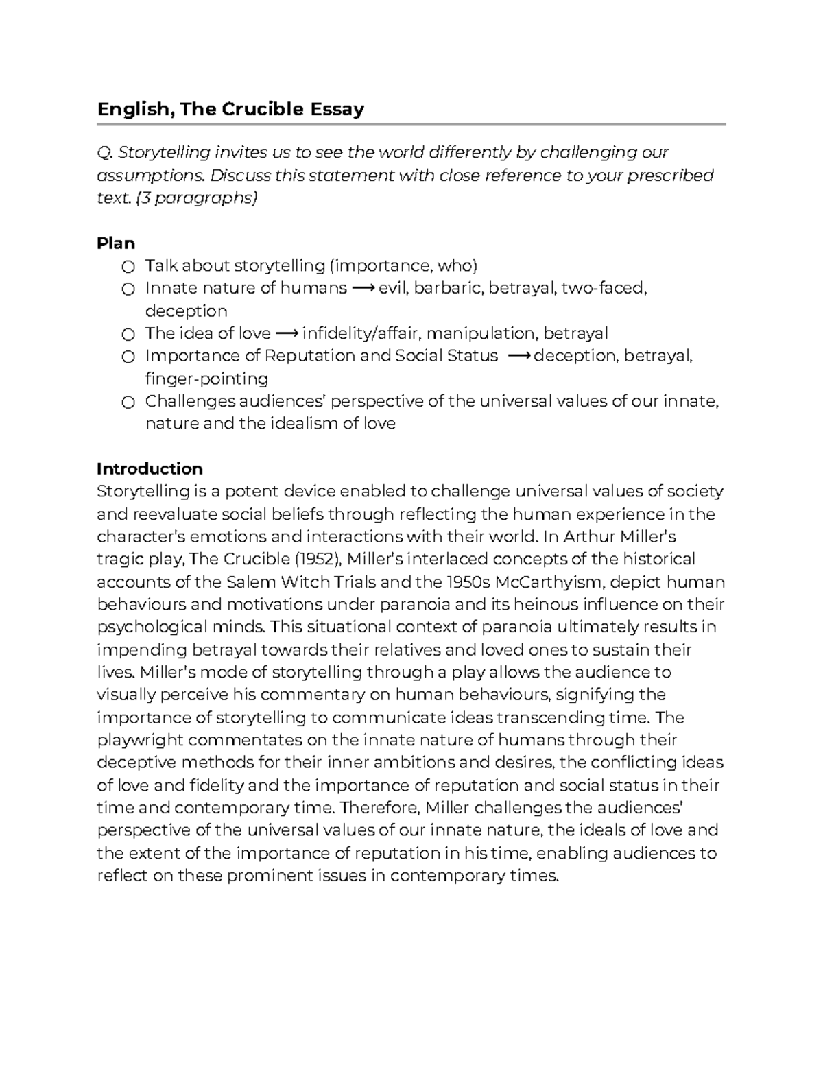 ENG 101: The Crucible Essay - Storytelling and Human Nature - Studocu