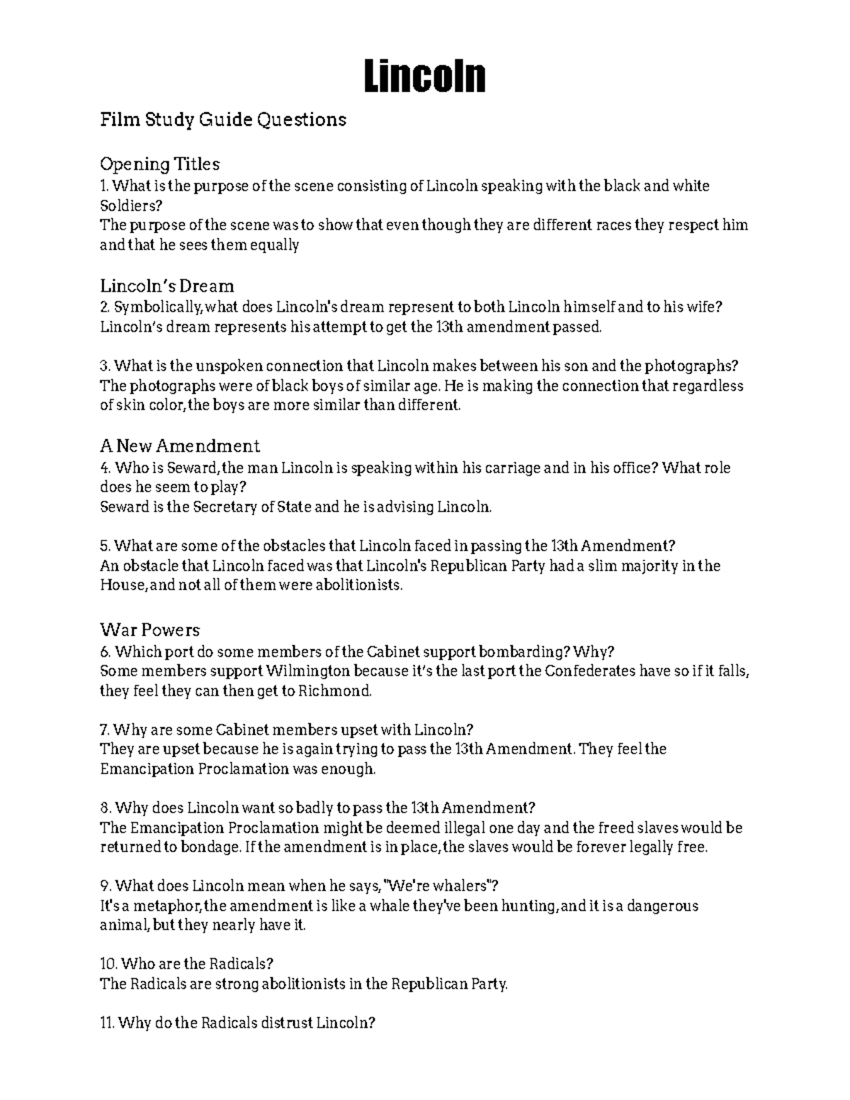 Film Study Guide: Lincoln (2023) Exam Questions and Analysis - Studocu