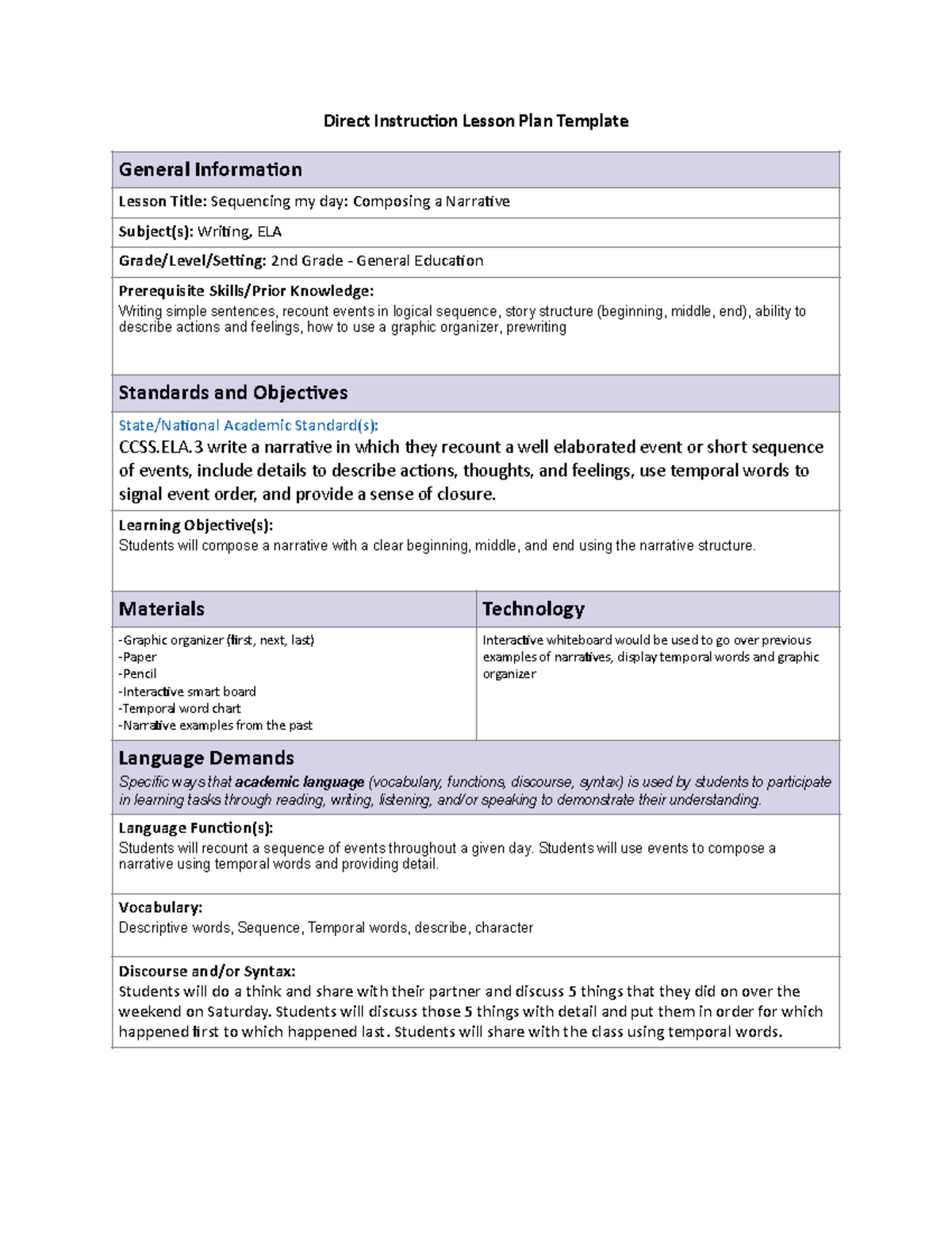 ELA 2nd Grade Lesson Plan: Sequencing My Day Narrative Writing - Studocu