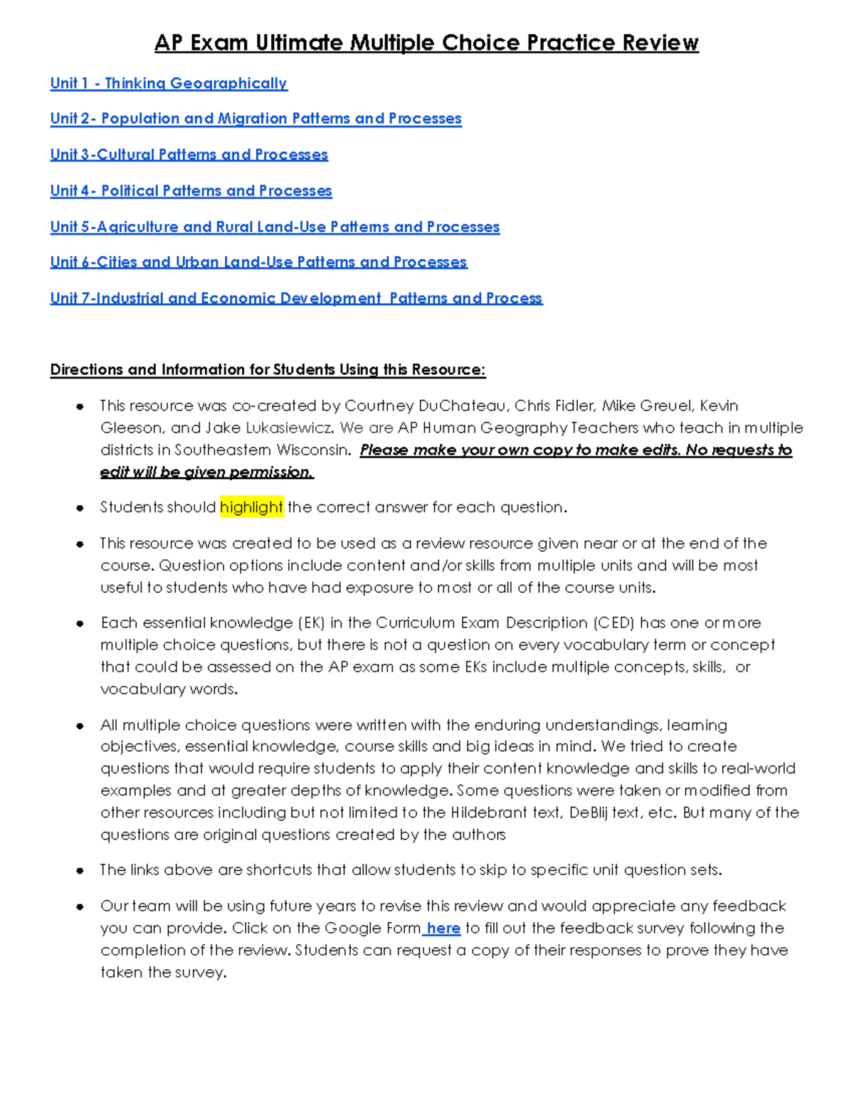 AP Exam Ultimate MC Practice Review: Human Geography Units 1-2 - Studocu