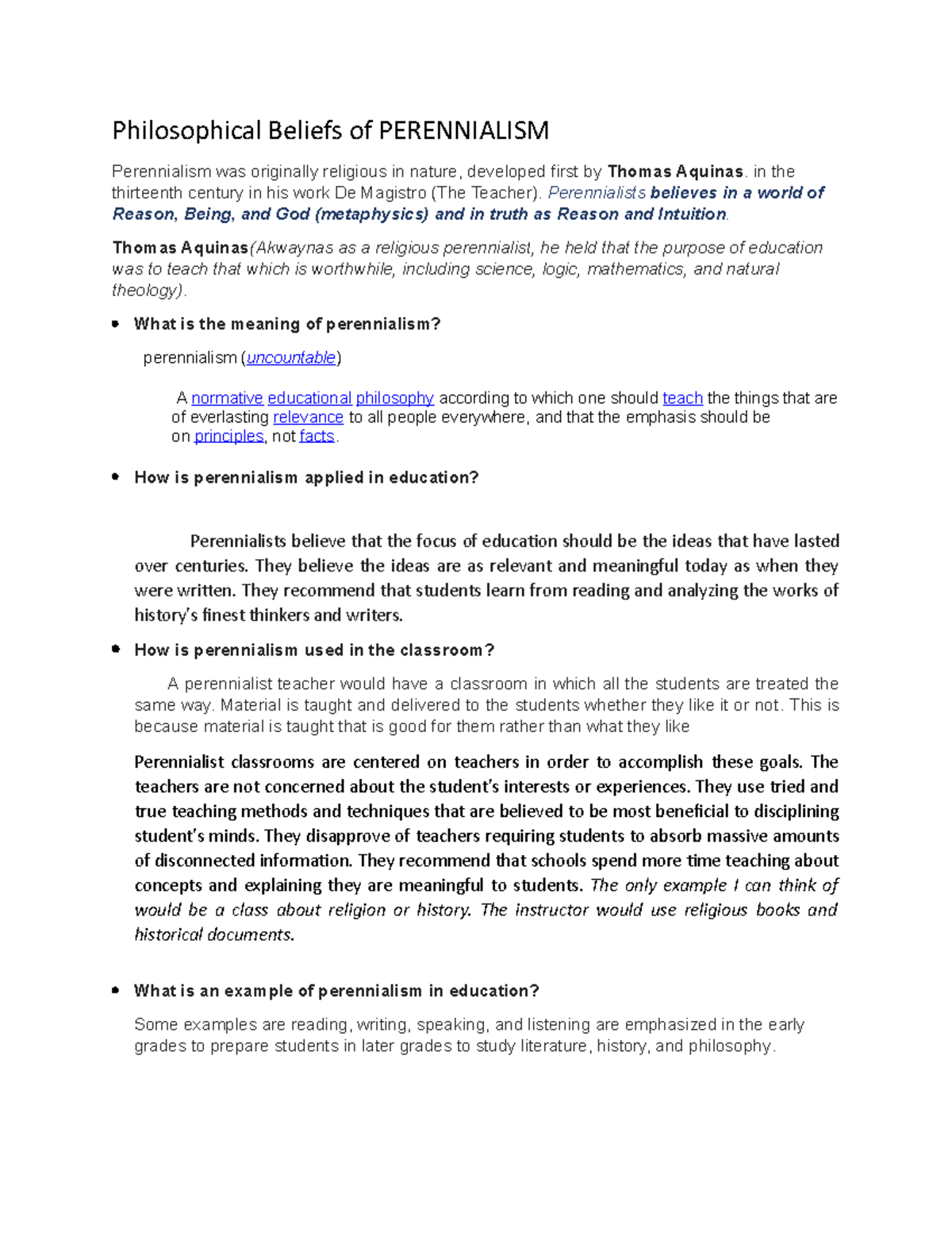Philosophical Beliefs of Perennialism - Philosophical Beliefs of ...