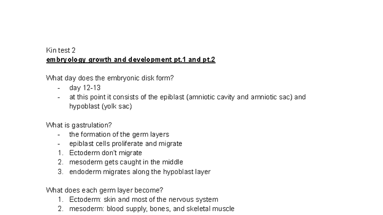 Kin 2 Embryology Growth & Development Test Summary - Studocu