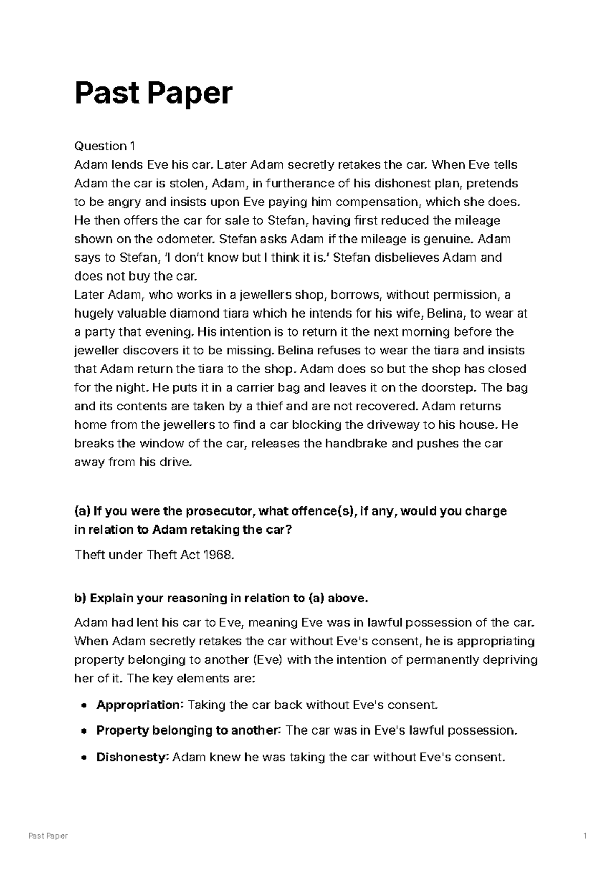 Past Paper Analysis: Legal Implications of Adam's Actions - Studocu