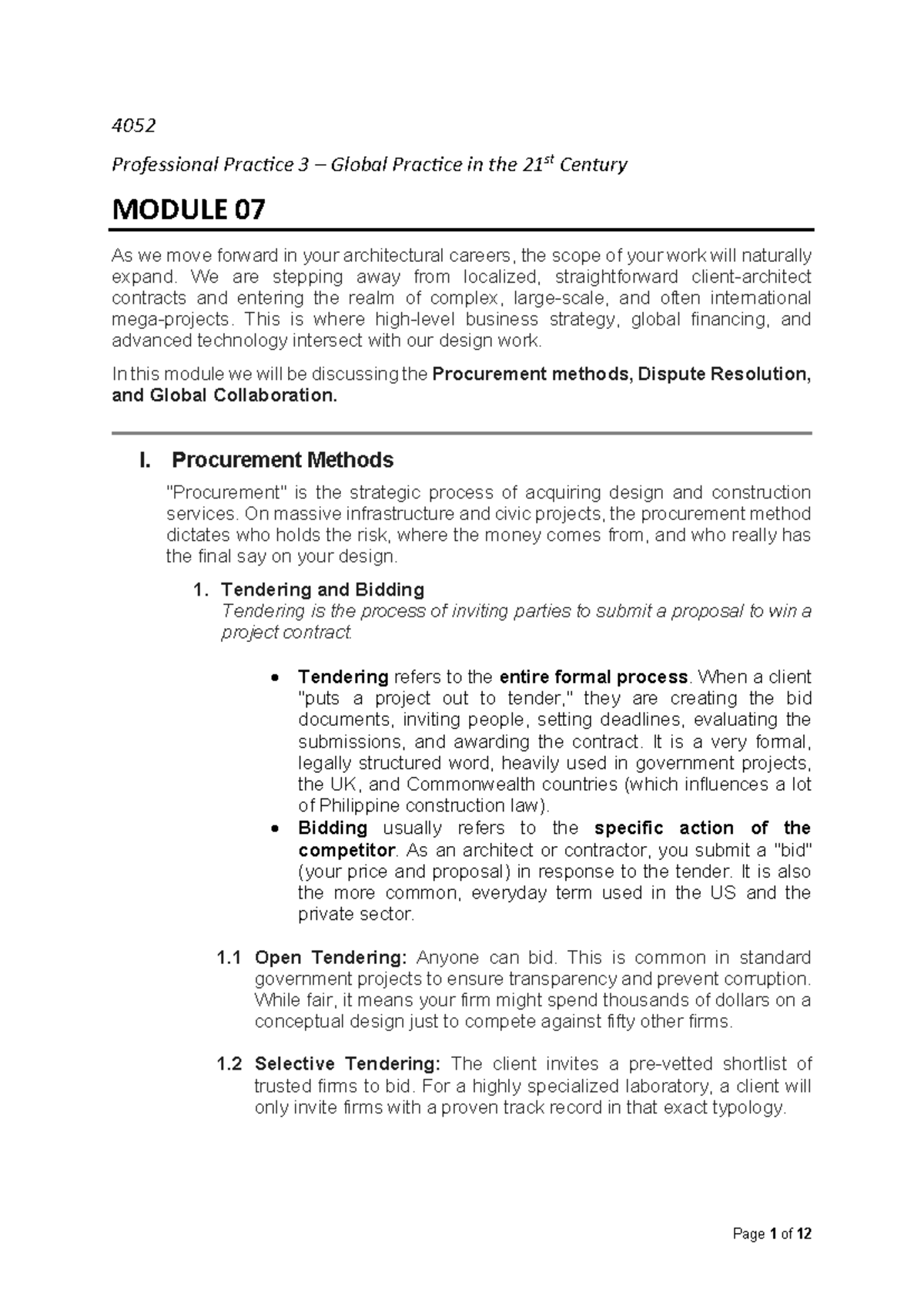 4052 Professional Practice 3: Module 07 - Procurement, Dispute ...