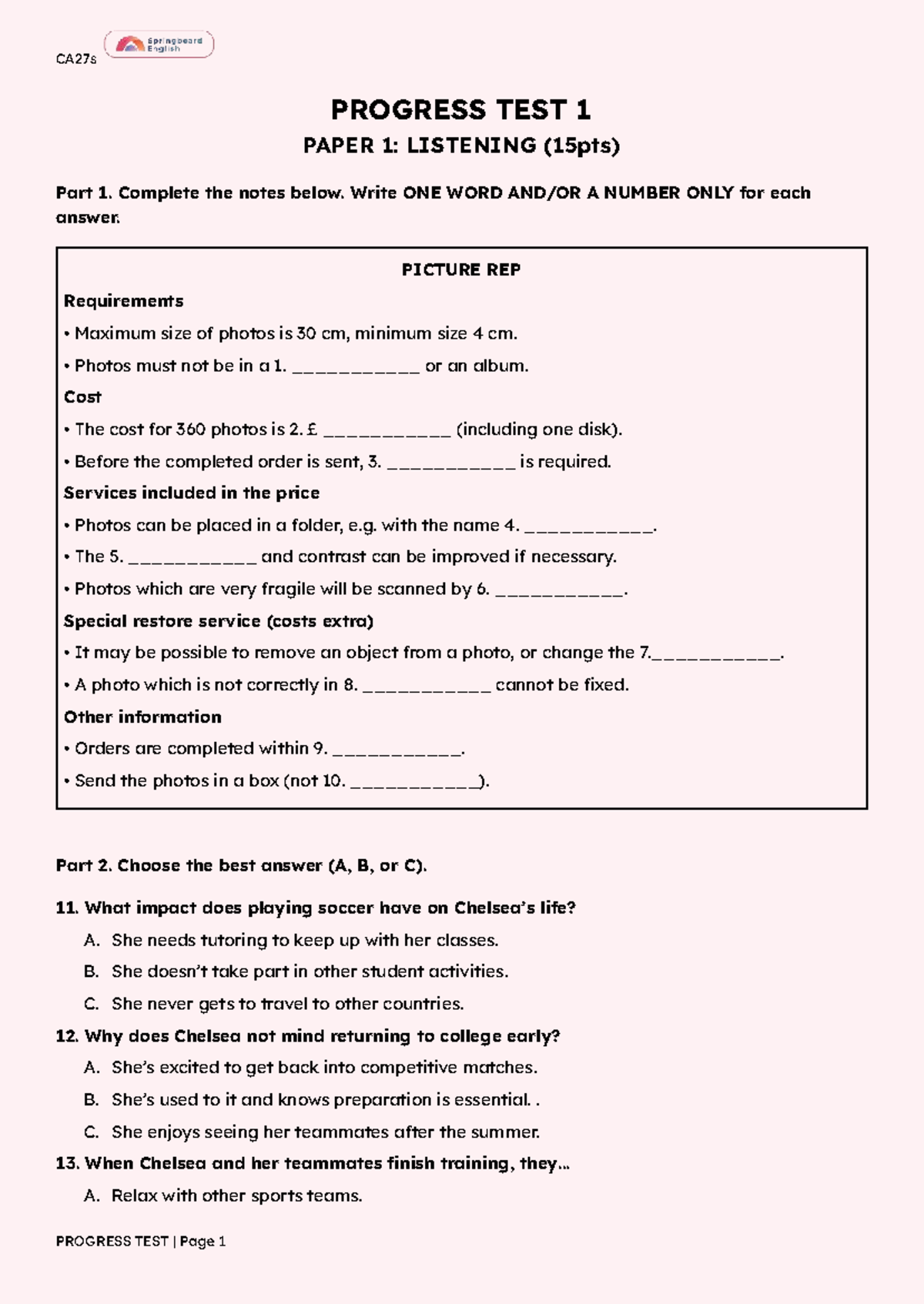CA27s PROGRESS TEST 1-4: COMPREHENSIVE REVIEW AND ANSWERS - Studocu