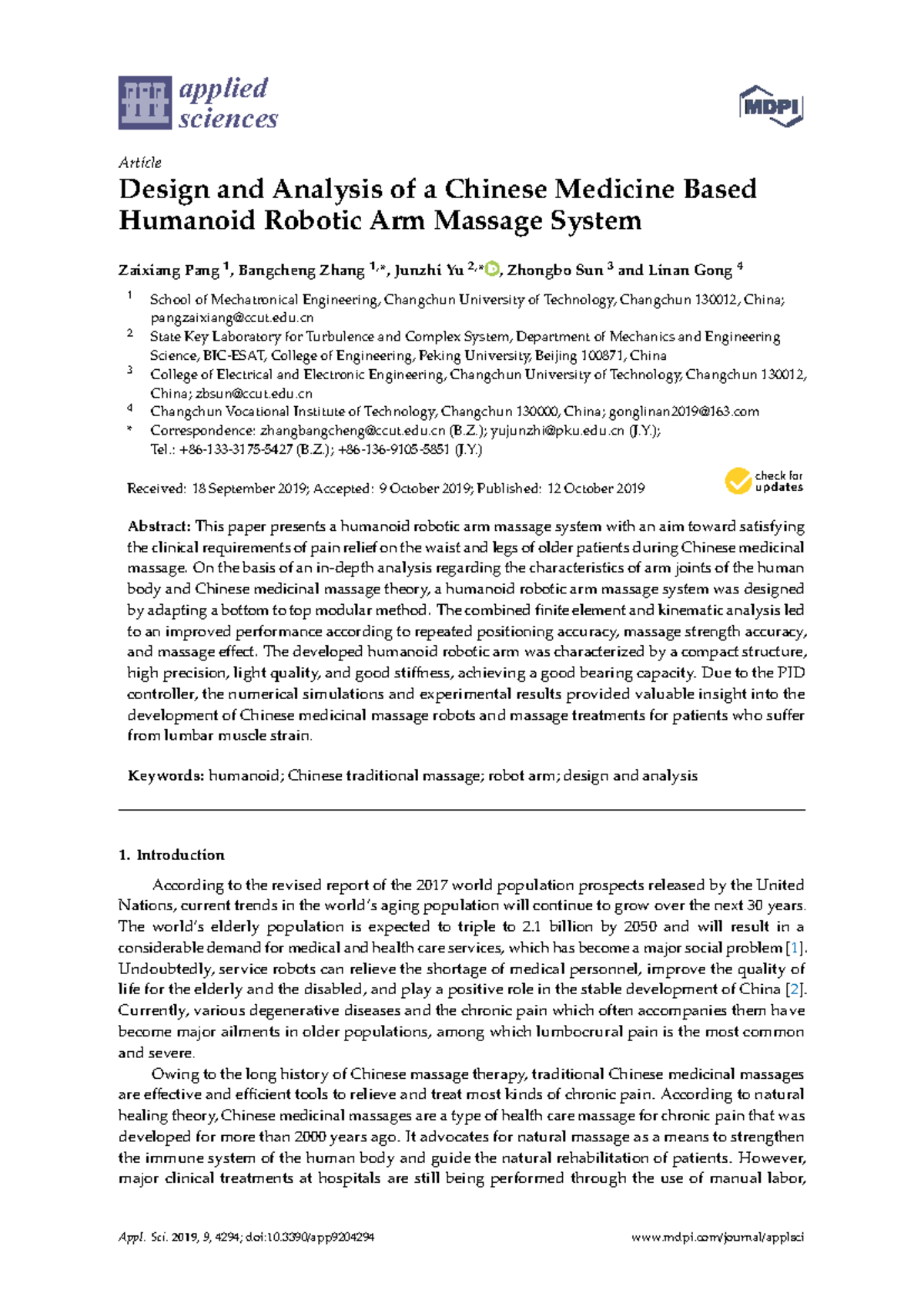Design and Analysis of a Humanoid Robotic Arm Massage System for ...