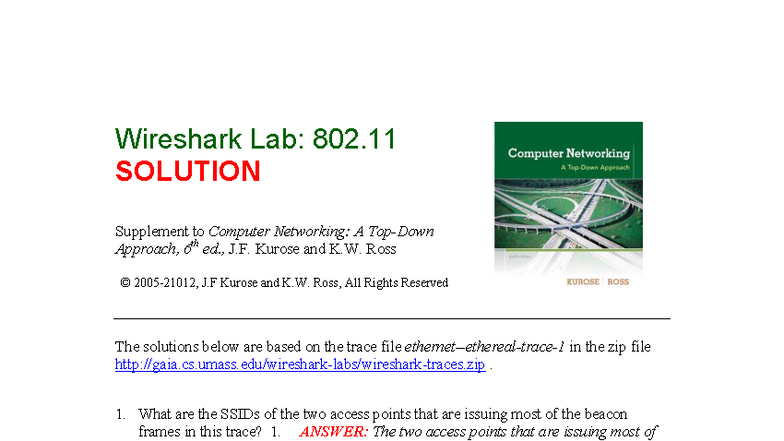 Wireshark Lab: 802.11 Solutions for Computer Networking (6th Ed.) - Studocu