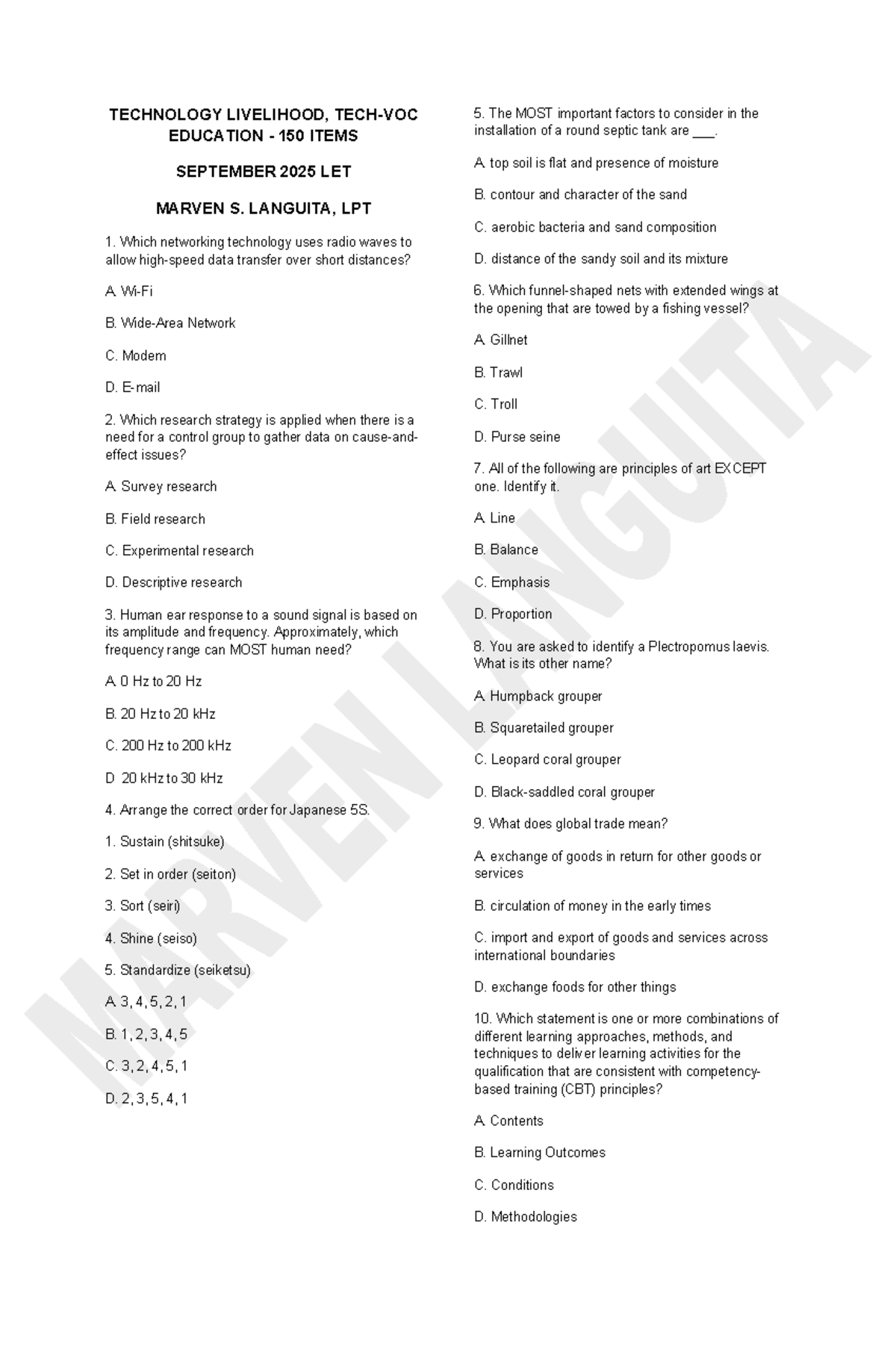 TECHNOLOGY LIVELIHOOD, EDUCATION 150 ITEMS REVIEW FOR LET SEPT 2025 - Studocu