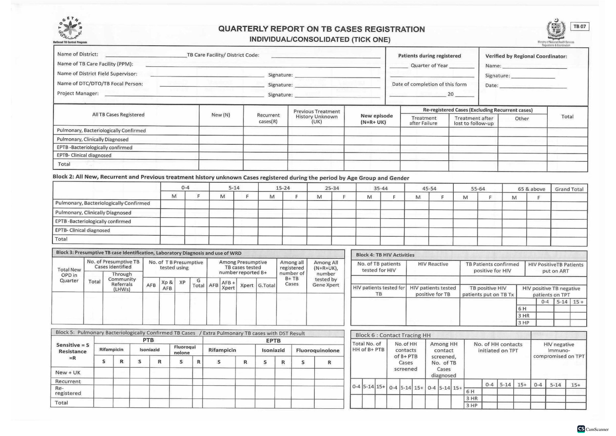 Quarterly TB Case Registration Report TB 07 - National Control Program ...
