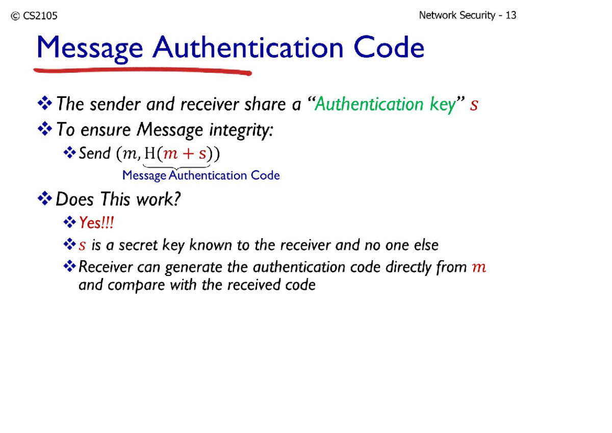 C CS2105 Network Security: Understanding Message Authentication Codes ...
