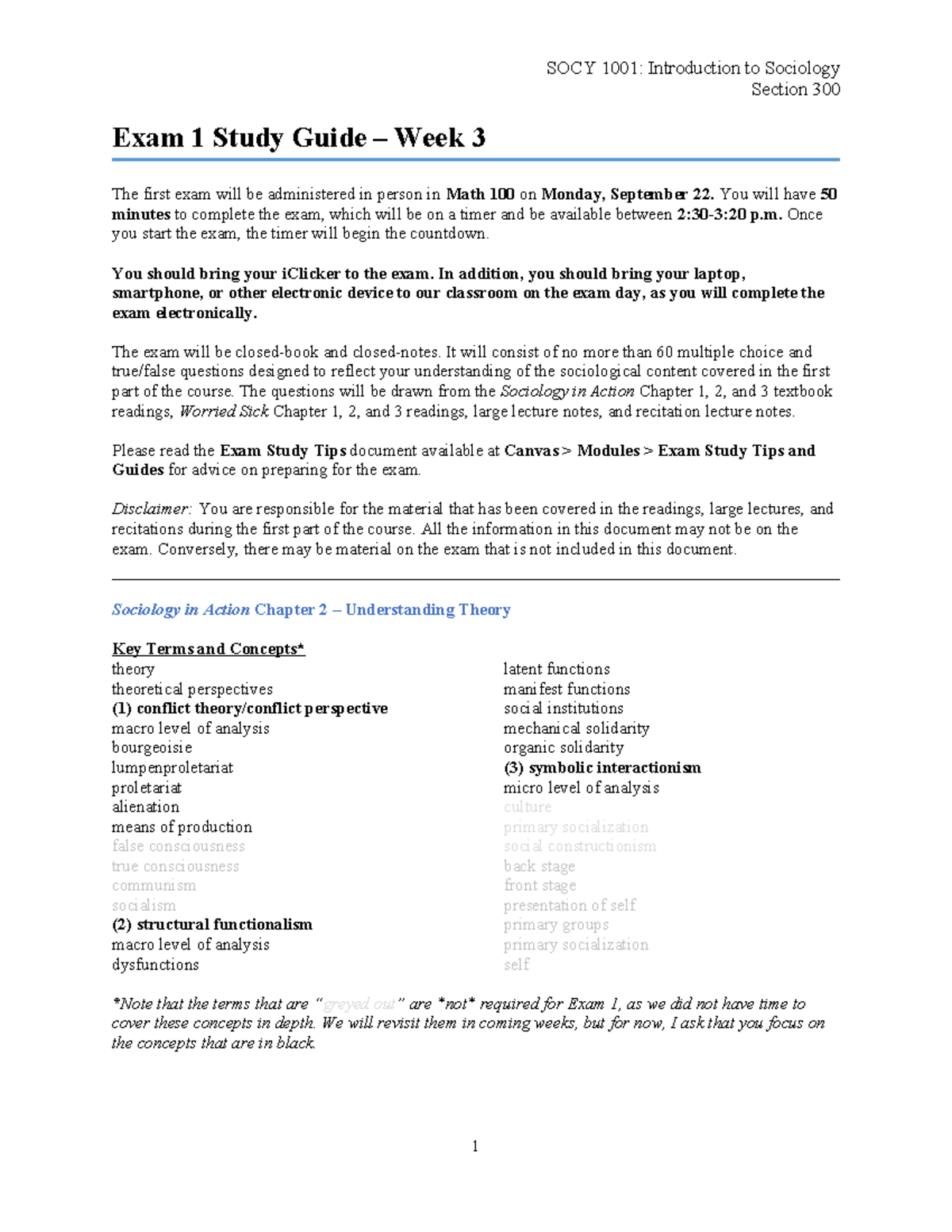 SOCY 1001: Exam 1 Study Guide - Key Theories in Sociology - Studocu