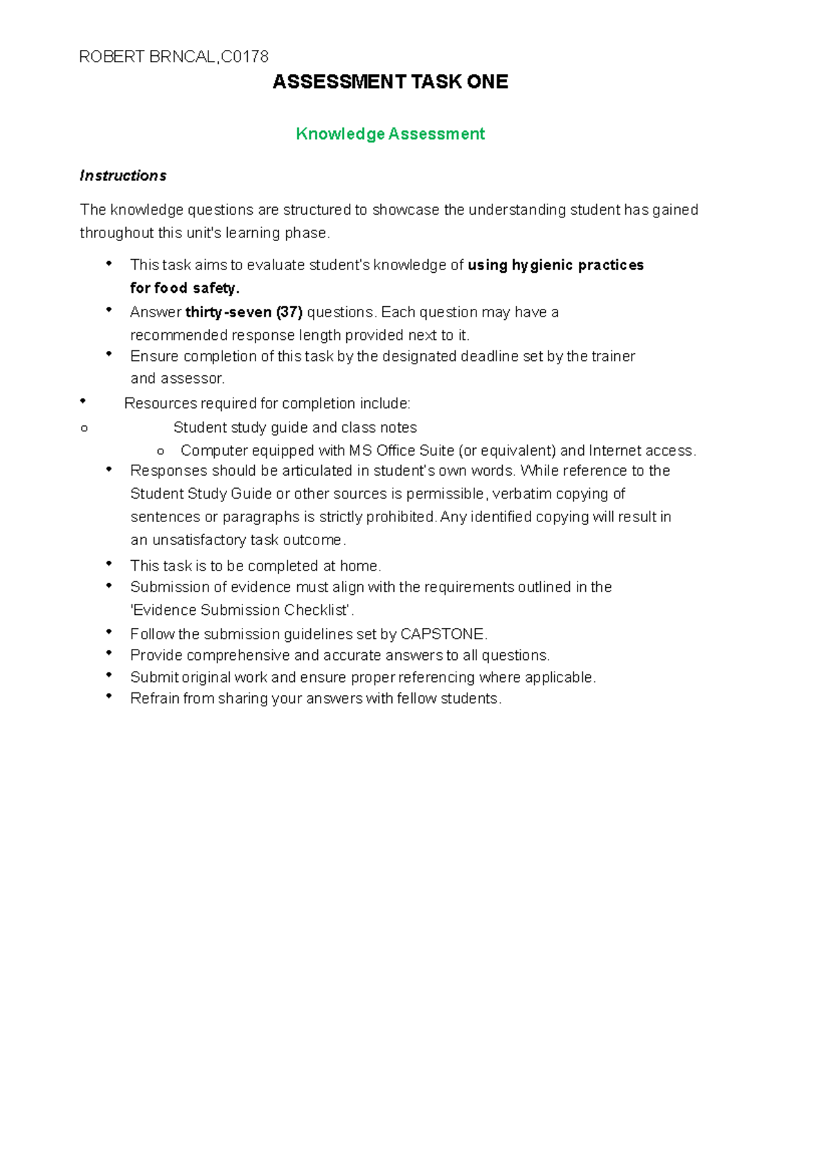 Hygiene Assessment Task 1 - C0178 Knowledge Evaluation and Guidelines ...