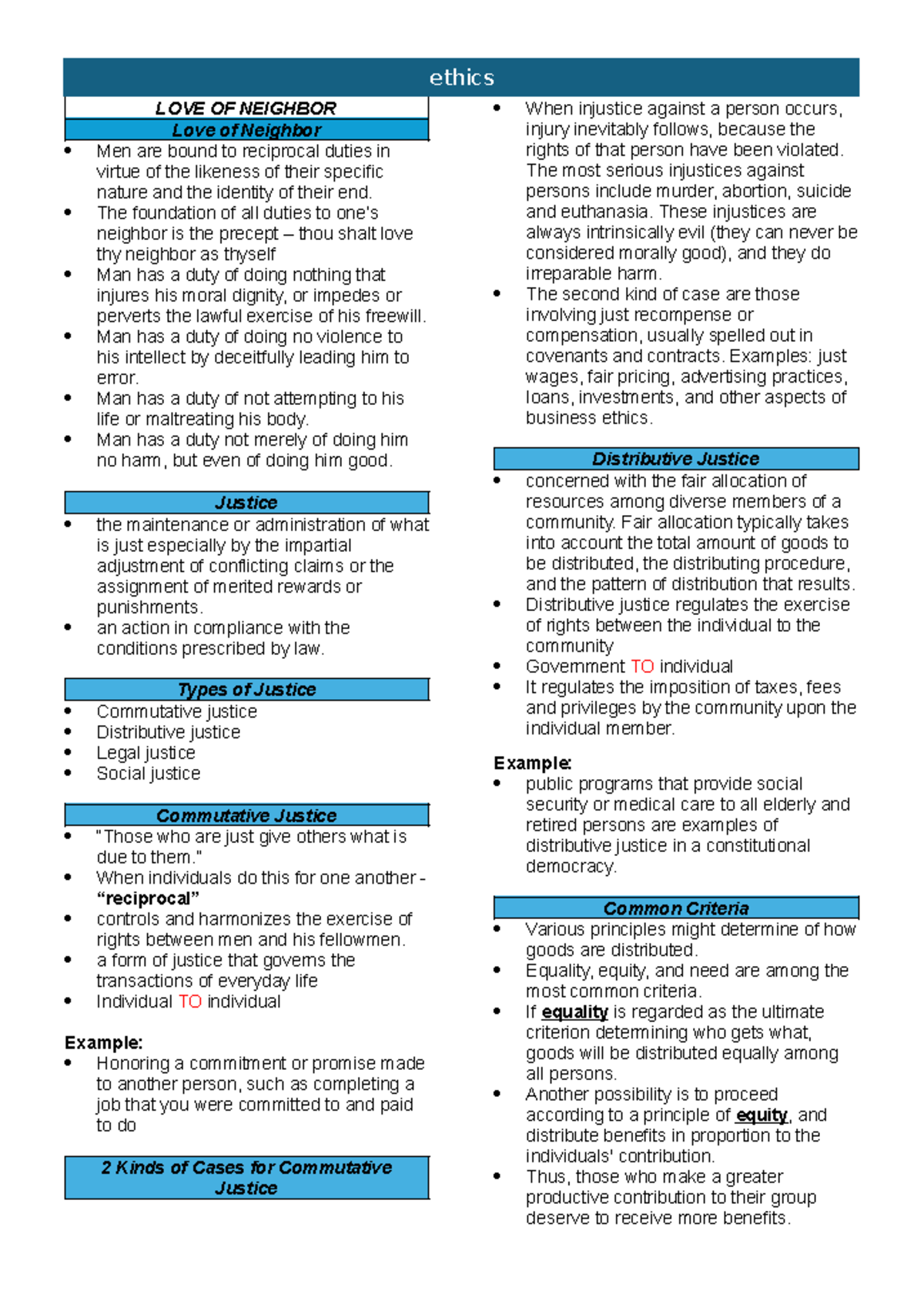 Ethics Lesson 9: Love of Neighbor and Types of Justice Review - Studocu