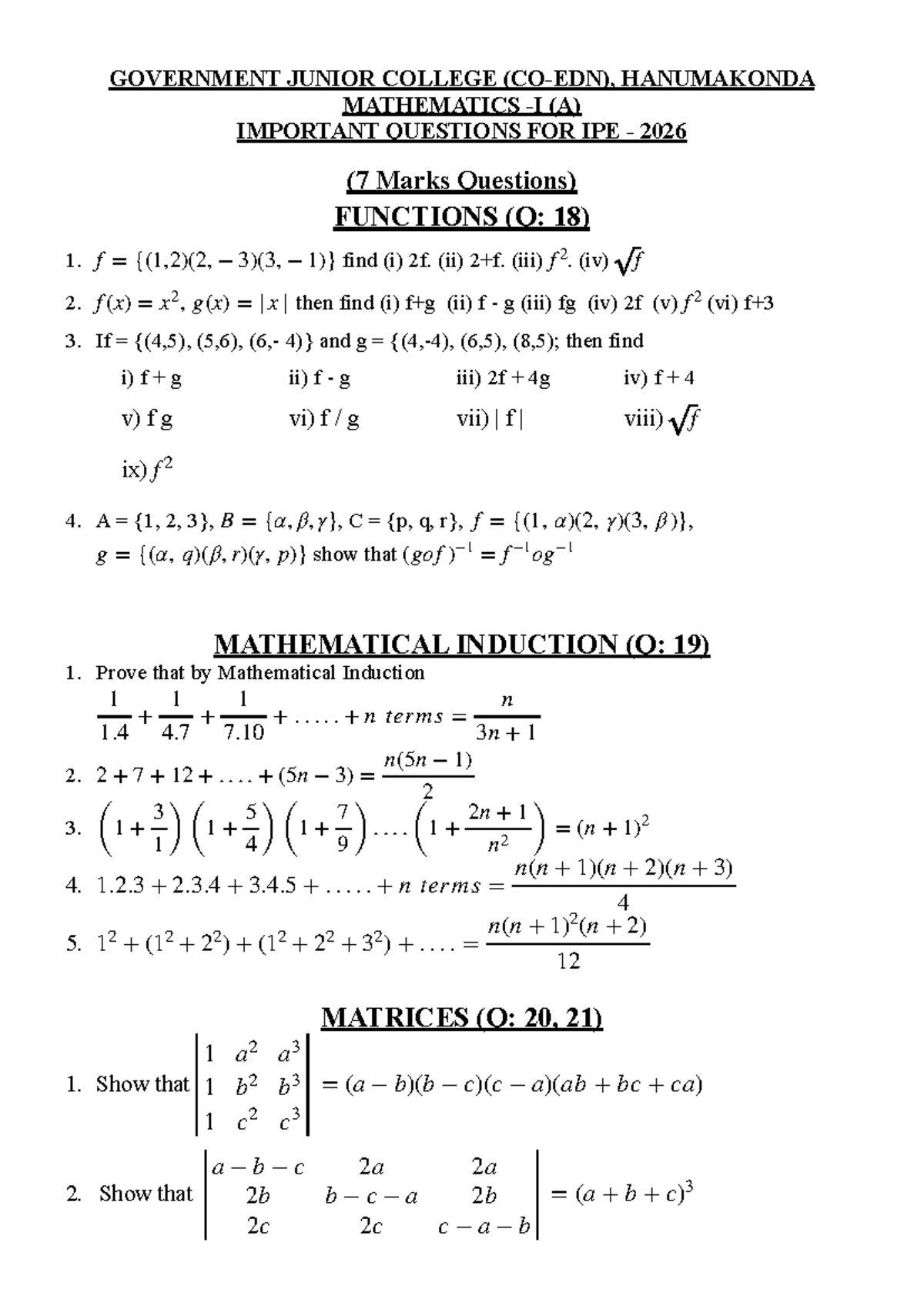 Mathematics IPE 2026: Important Questions on Functions, Induction, and ...