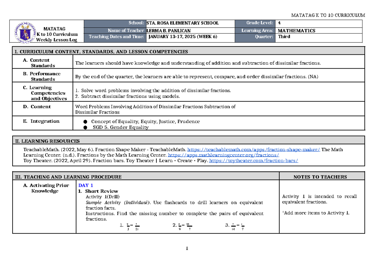 DLL- Matatag- MATH-4-Q3-W6 - MATATAG K to 10 Curriculum Weekly Lesson Log School: STA. ROSA ...