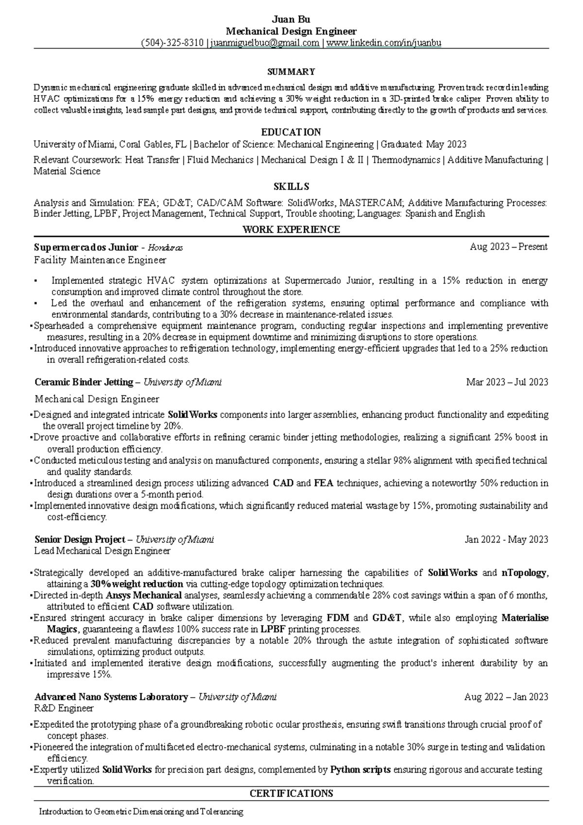 Juan Bu - Mechanical Design Engineer Resume - University of Miami - Studocu