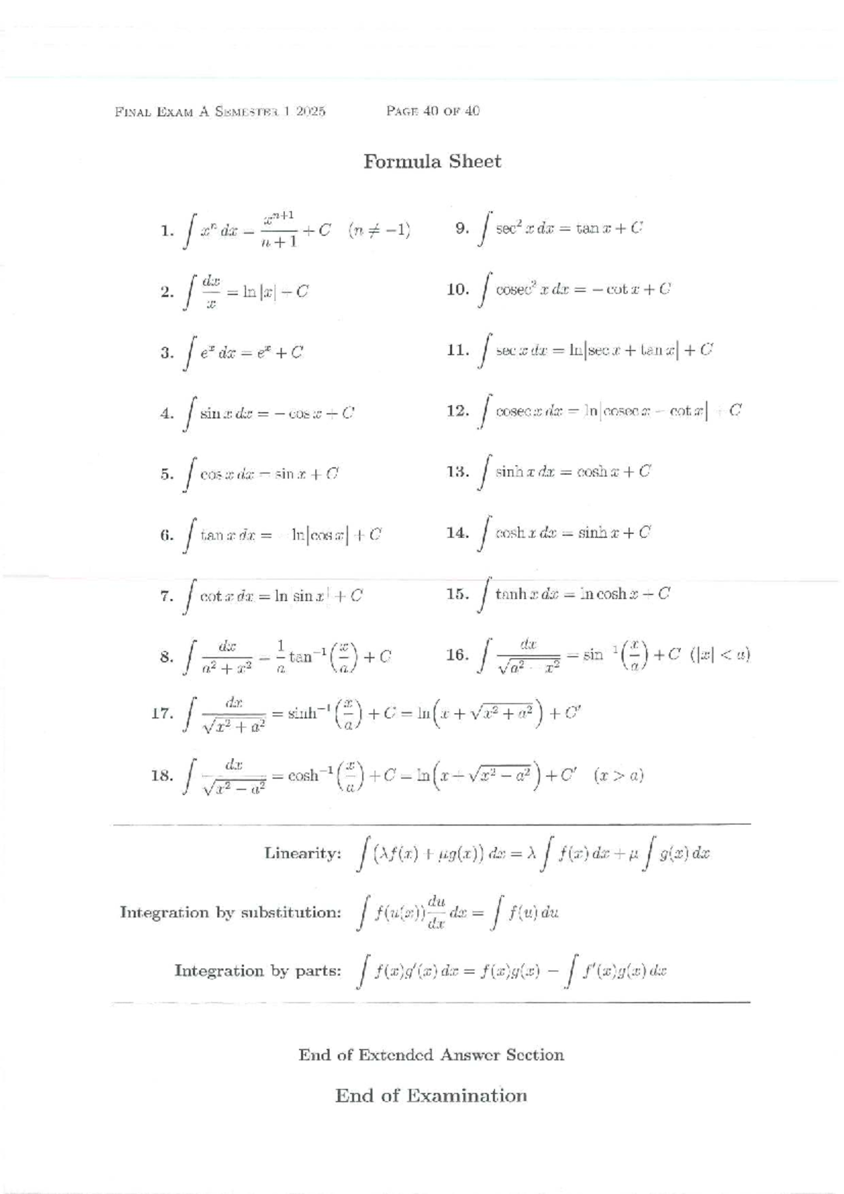 FINAL EXAM MATH1061 SEMESTER 1 2025 FORMULA SHEET - Studocu