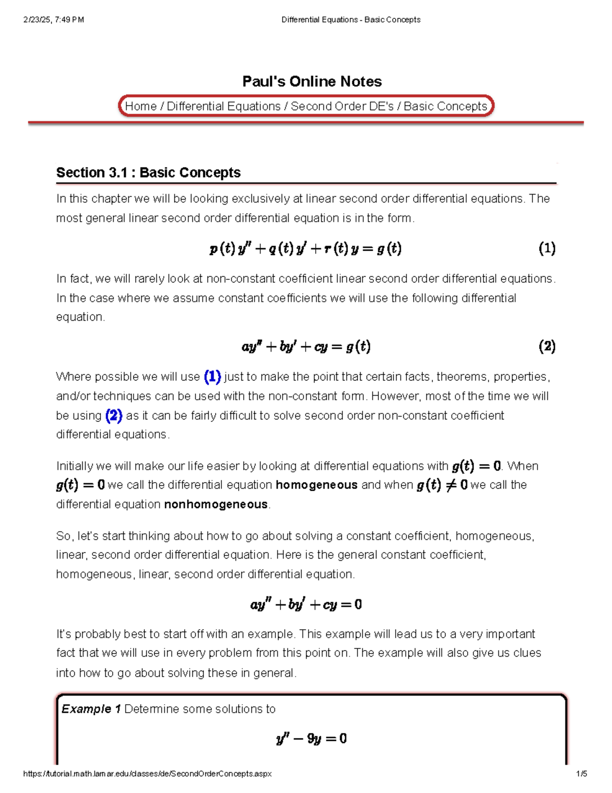 Differential Equations (MATH 201) - Basic Concepts of Second Order DEs ...