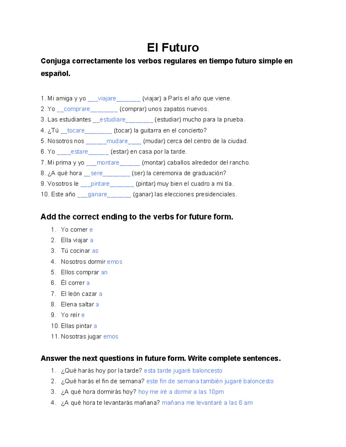 Ejercicios de Futuro Simple en Español - Curso de Lengua (ESP101) - Studocu