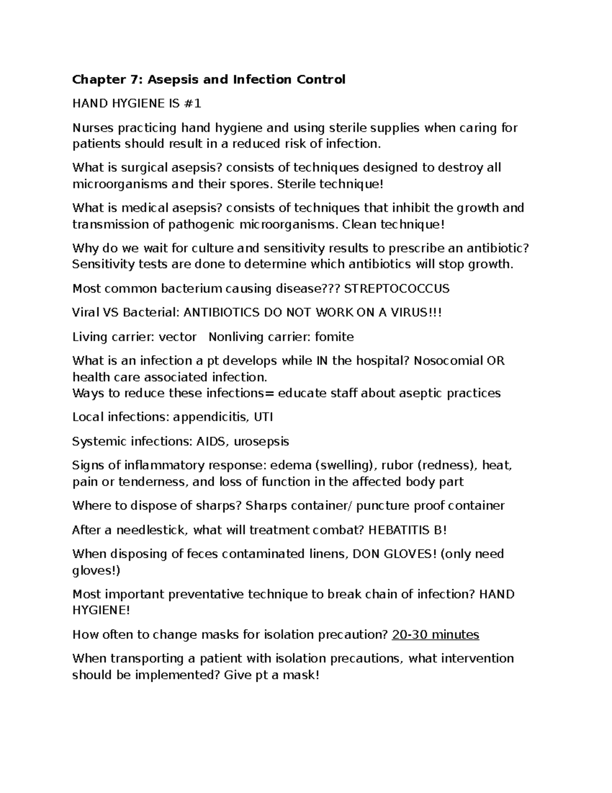 Chapter 7 - lecture notes and vocab - Chapter 7: Asepsis and Infection ...
