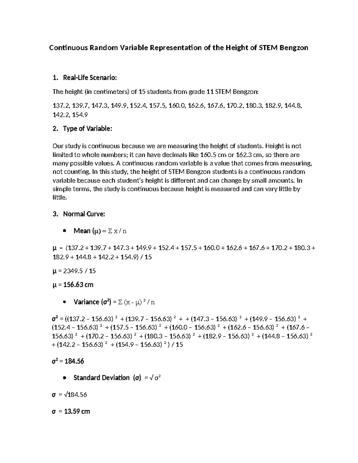 Continuous Random Variable Analysis of Height in 11 STEM Bengzon - Studocu