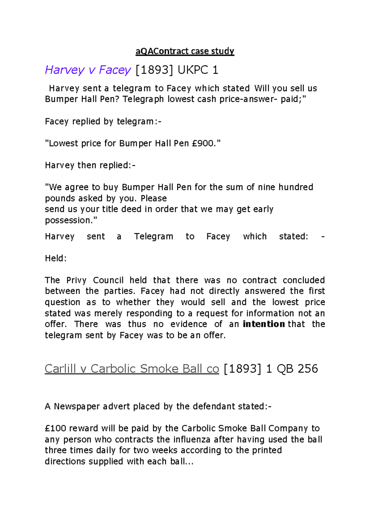 AQA Contract Case Study: Harvey v Facey & Carlill v Carbolic - Studocu