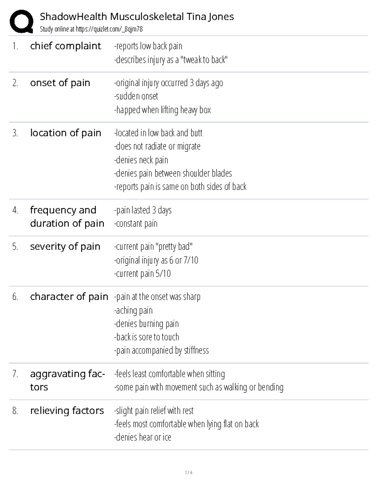 Musculoskeletal Assessment Case Study: Tina Jones - Shadow Health - Studocu
