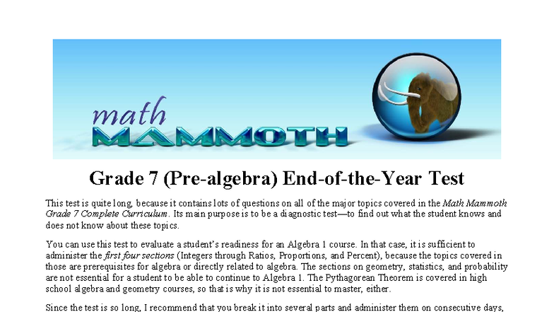 End of Year Test Grade 7 - Math Mammoth Curriculum - Studocu