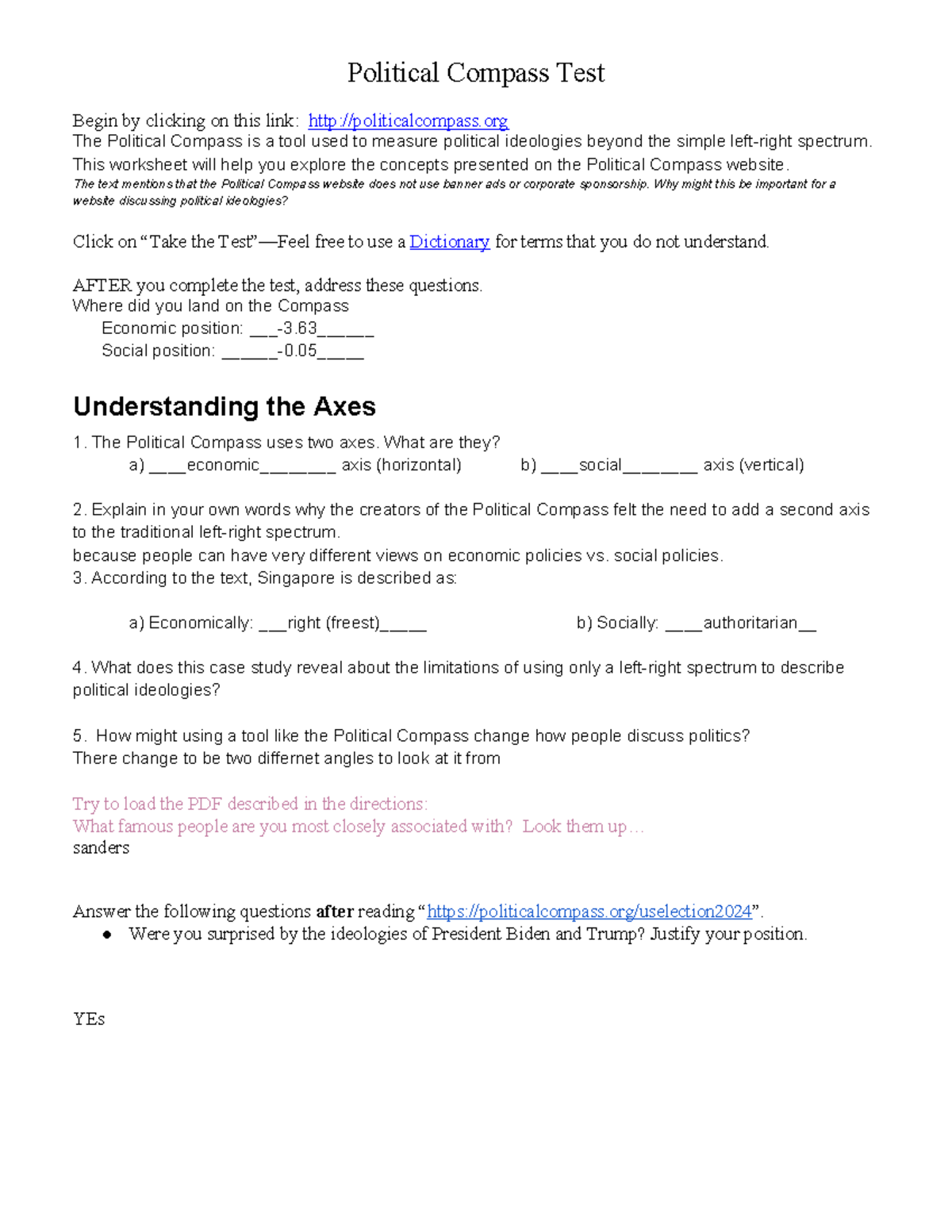 Political Compass Test: Exploring Political Ideologies and Axes - Studocu