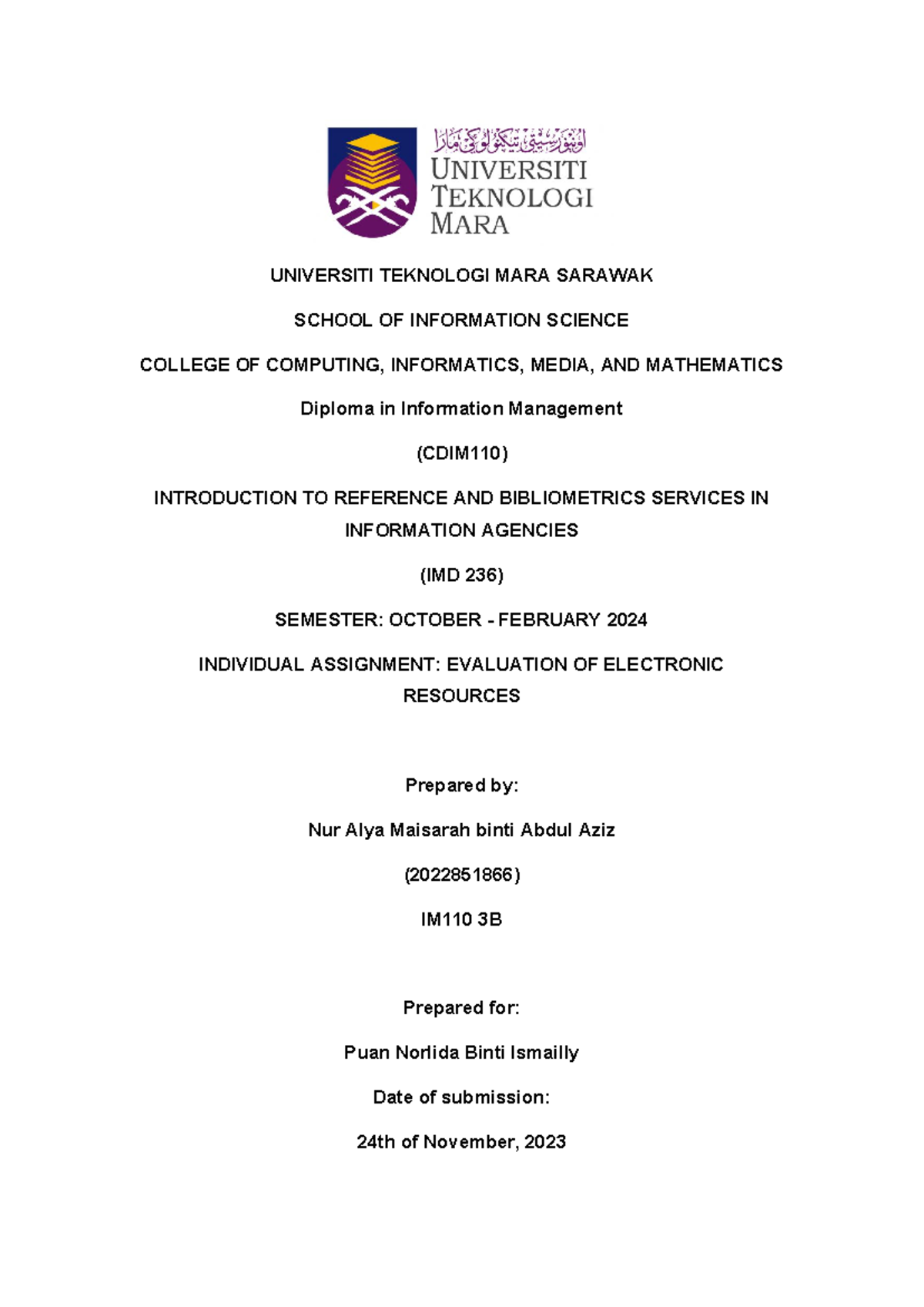 IMD236 Individual Assignment: Evaluating E-resources in Info Management ...