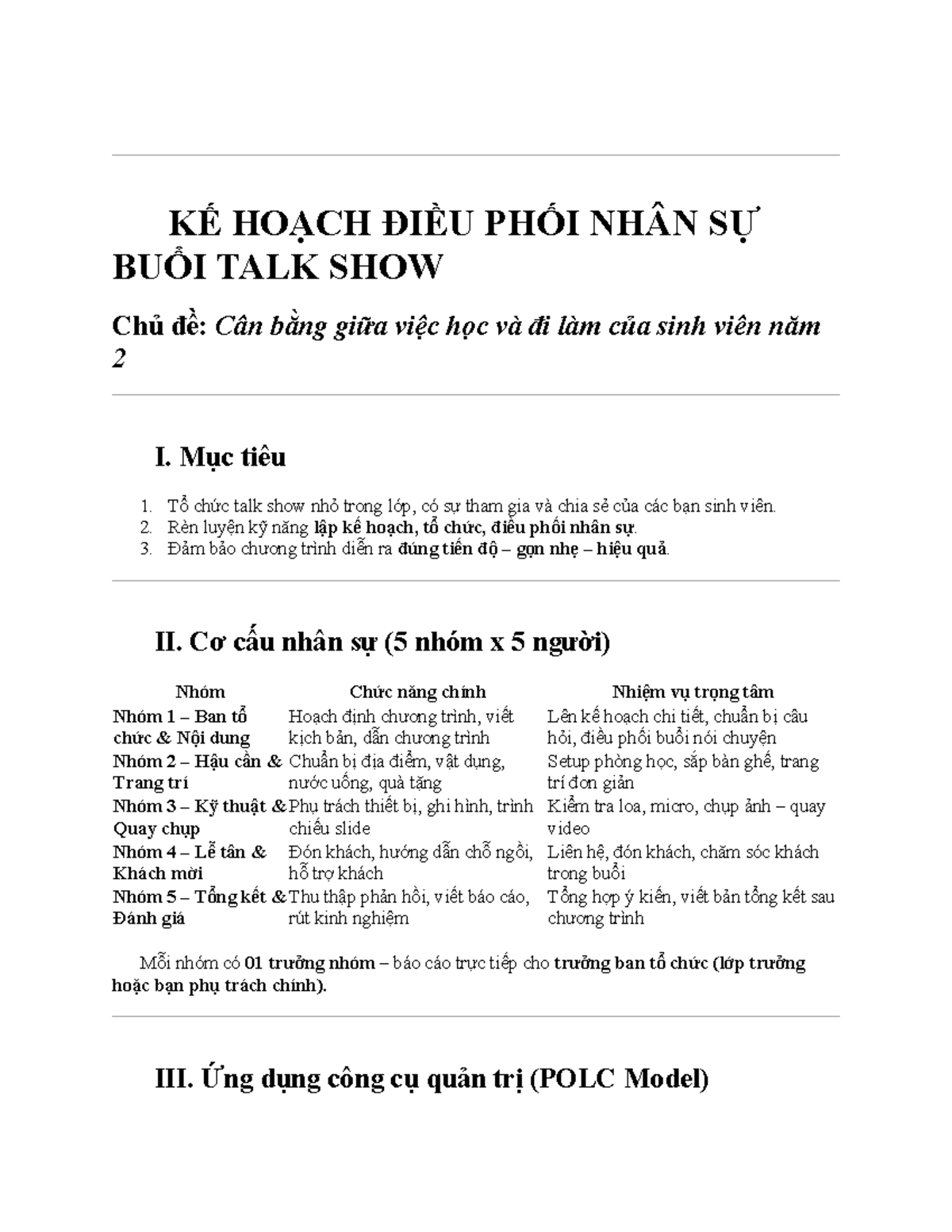 Kế Hoạch Tổ Chức Talk Show: Cân Bằng Học Tập và Làm Việc - Studocu