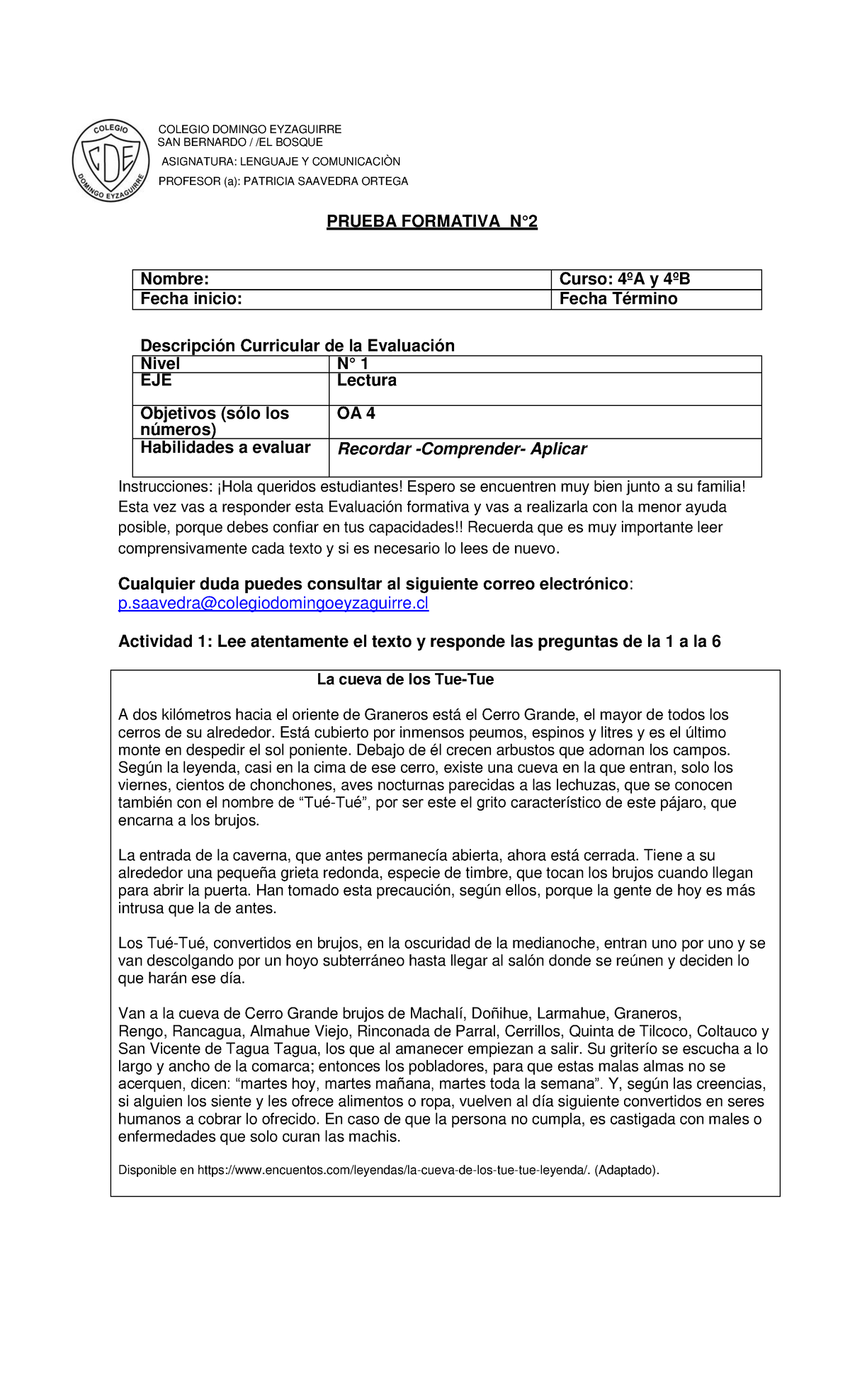 Prueba Formativa 2 - Lenguaje y Comunicación 4° Básico - Studocu