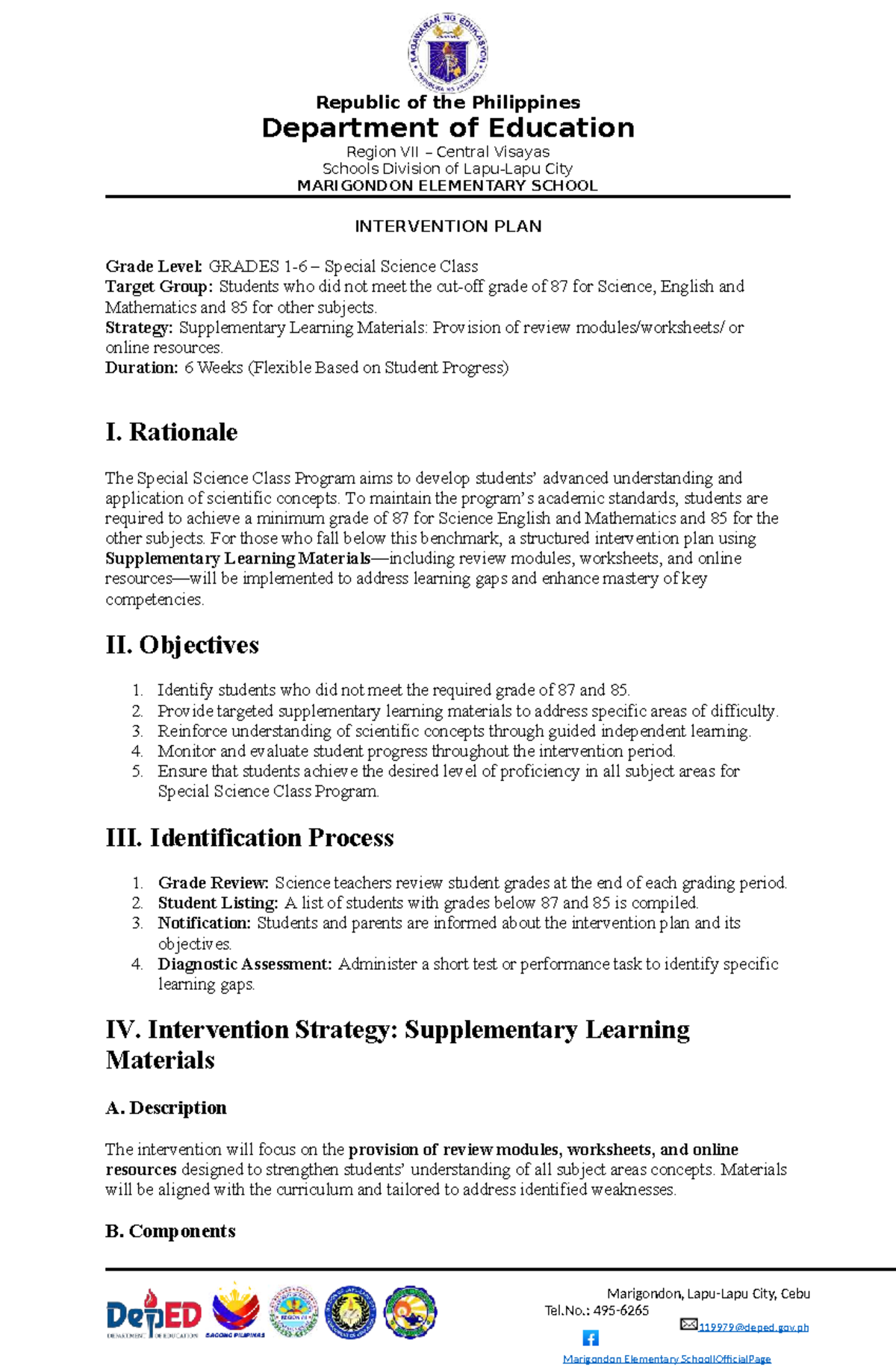 Intervention Plan for Low-Performing Students in Special Science Class ...
