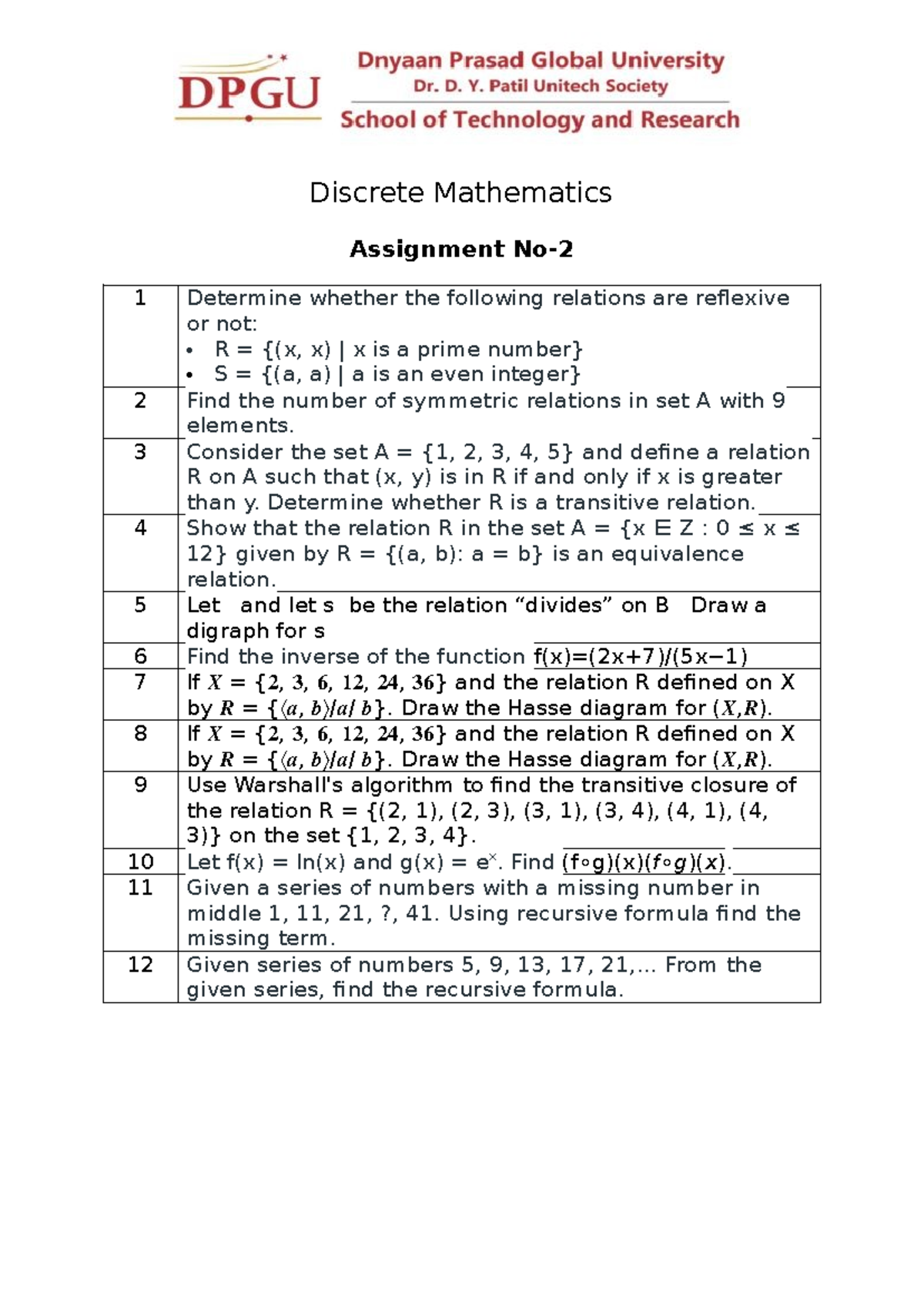Assignment No2 DM - Discrete Mathematics Relations Analysis - Studocu