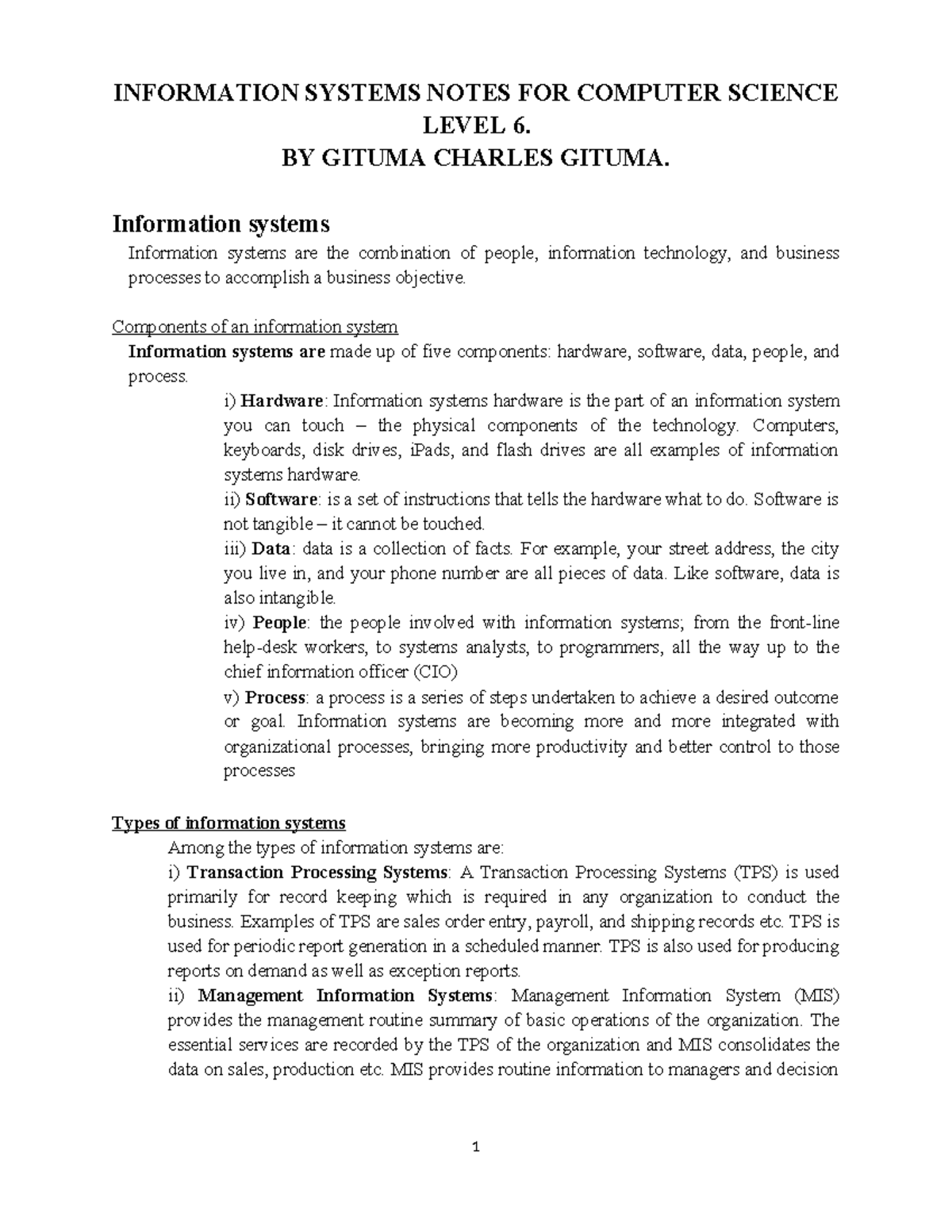 Information Systems Notes for Computer Science Level 6 - Final Exam ...