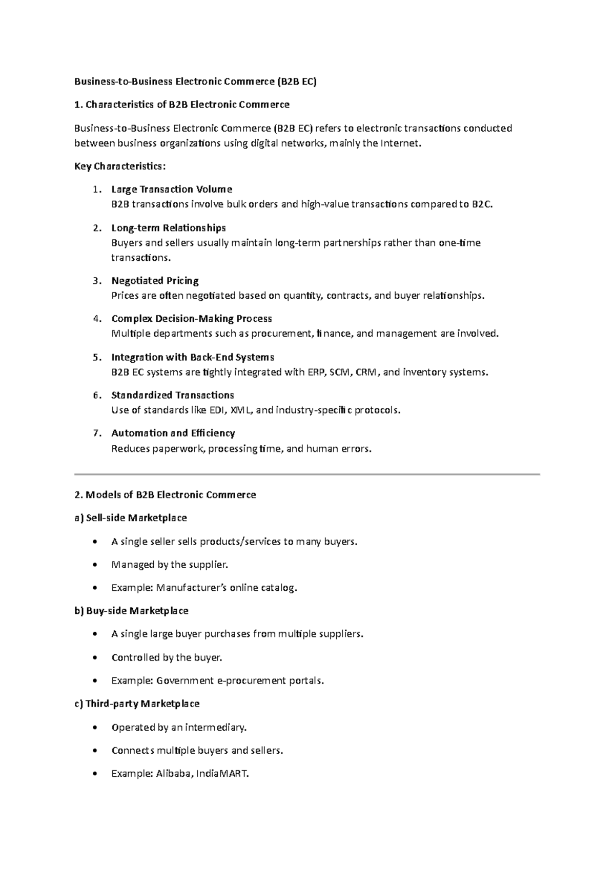 Unit-2 E-Commerce (B2B EC) - Key Characteristics & Models - Studocu