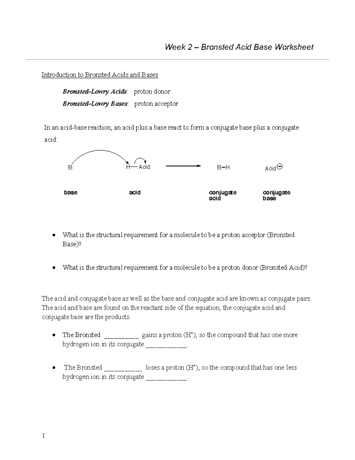 Week 2 Bronsted Acid-Base Worksheet: Key Concepts & Reactions - Studocu