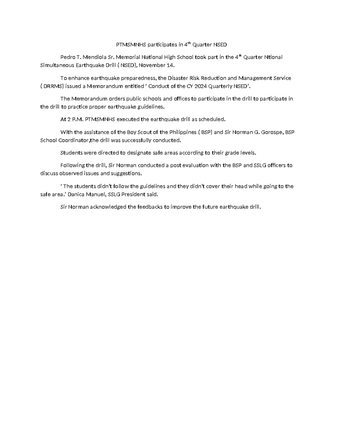 Ptmsmnhs participates in 4th Quarter NSED - PTMSMNHS participates in ...