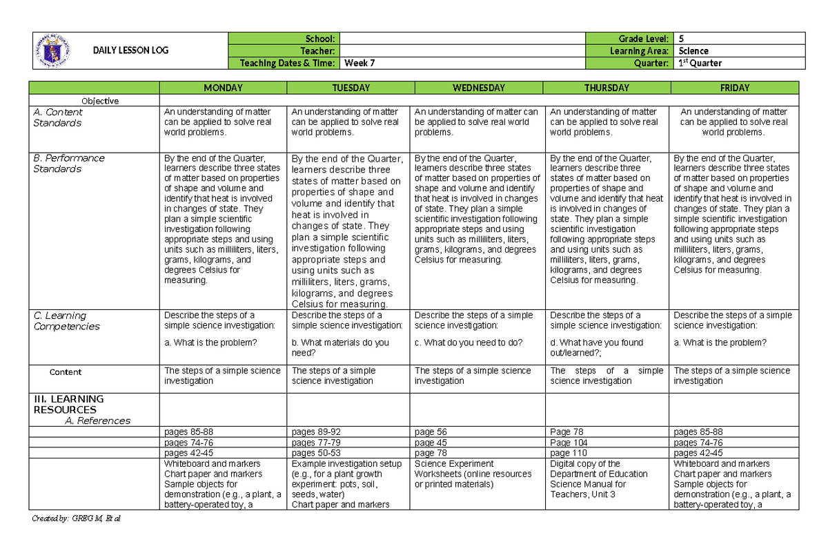 Science 5 Q1 Week 7 Daily Lesson Log on Matter and Investigations - Studocu
