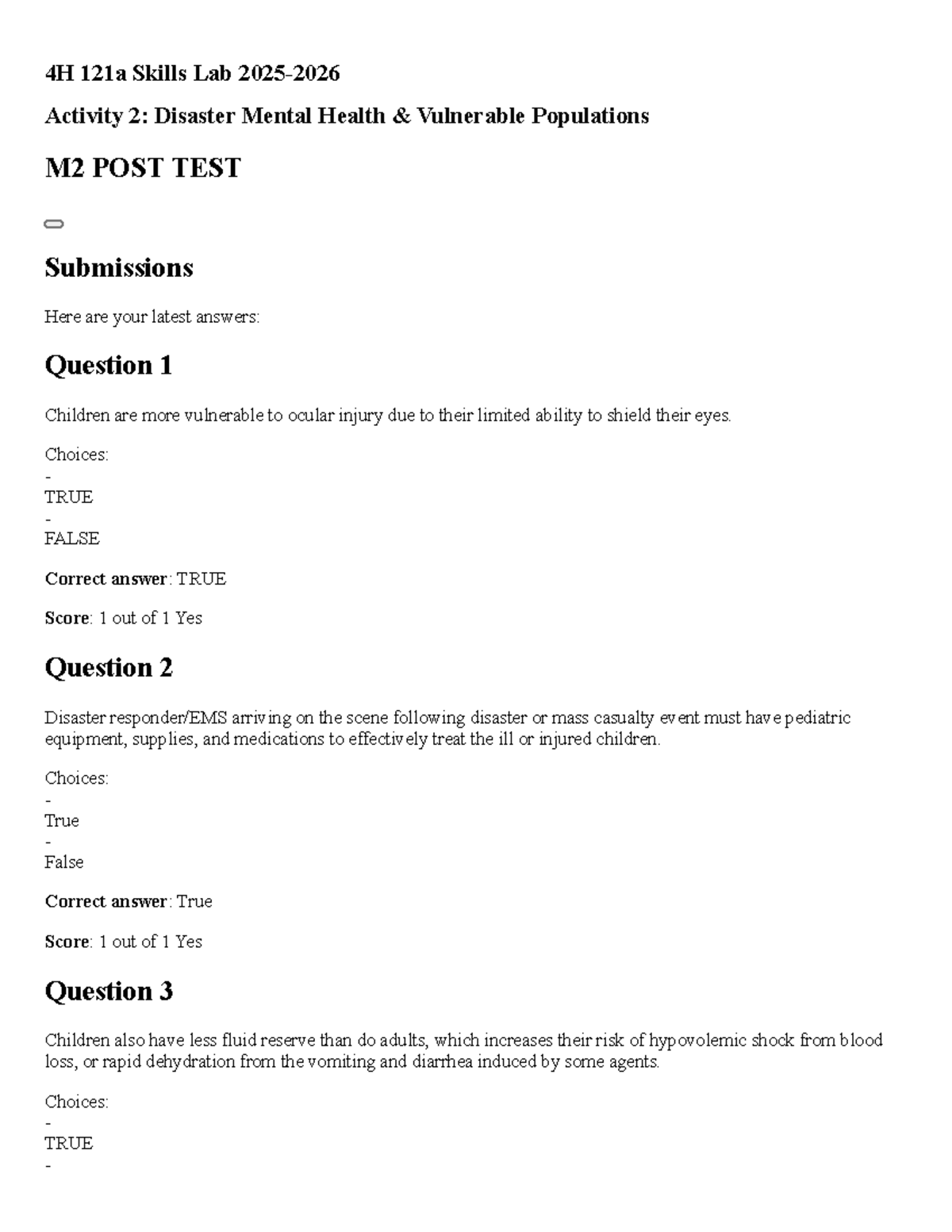 4H 121a Skills Lab M2 POST TEST: Disaster Mental Health for Kids - Studocu