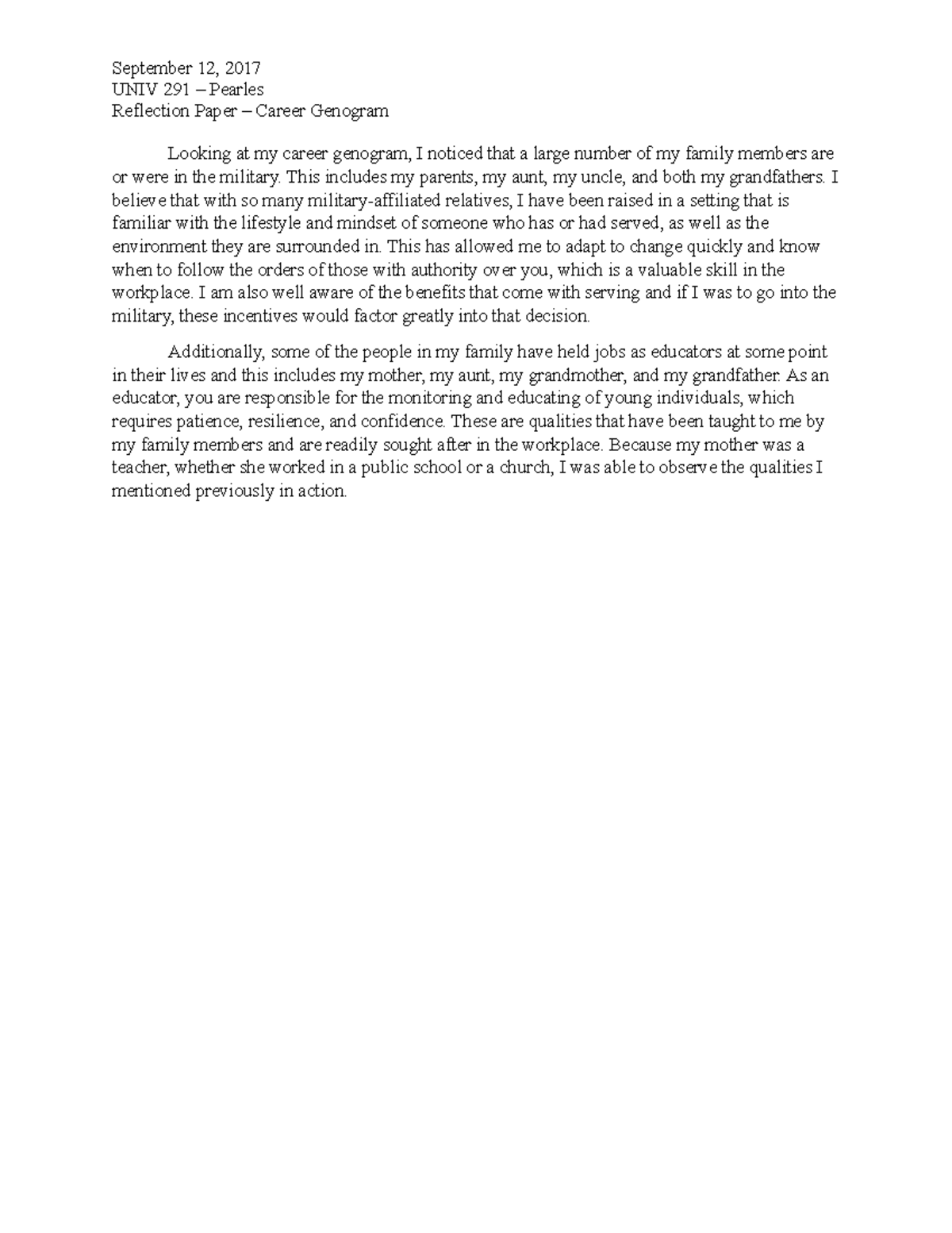 Career Genogram Reflection Paper - September 12, 2017 UNIV 291 ...