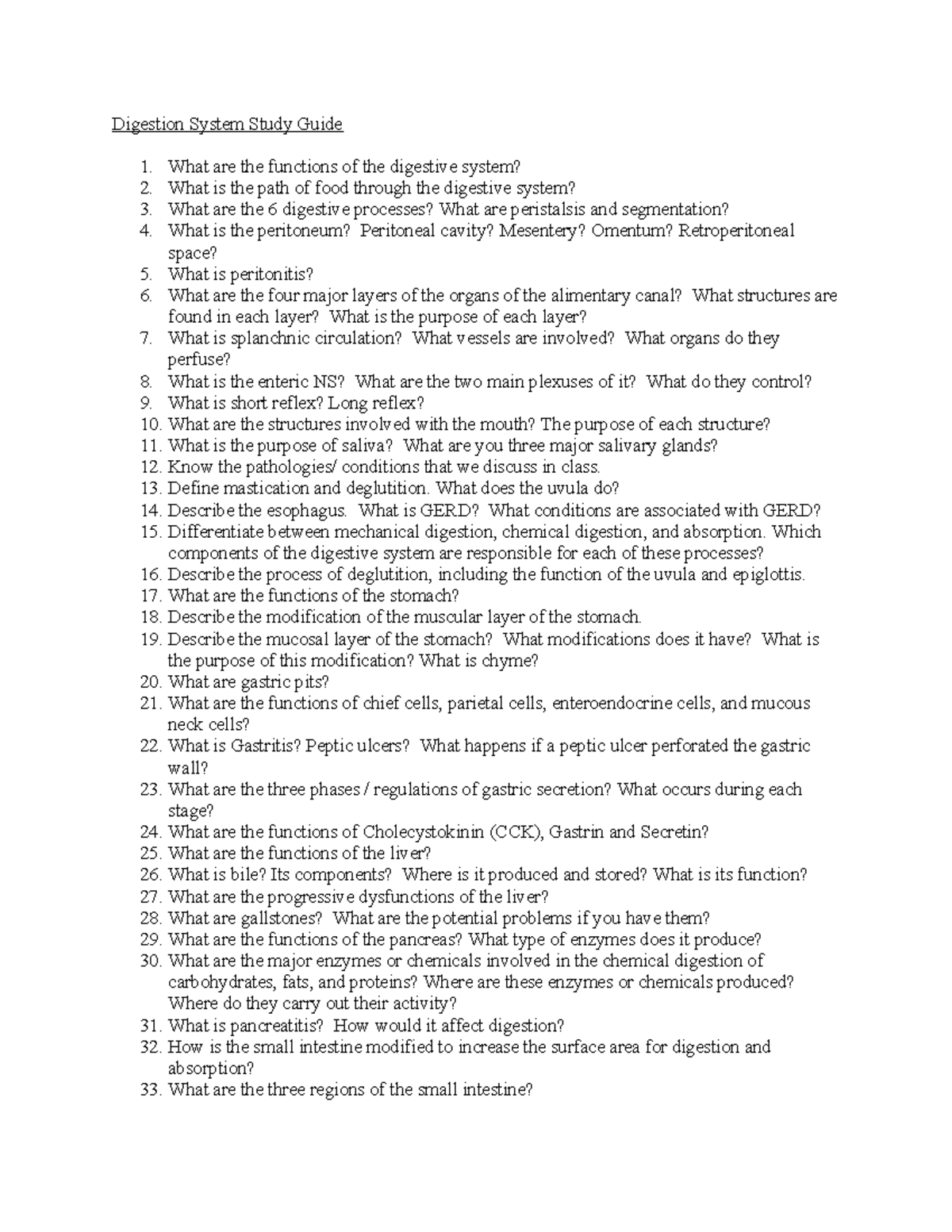 Digestion System Study Guide (Biology 101) - Digestion System Study Guide 1. What are the ...