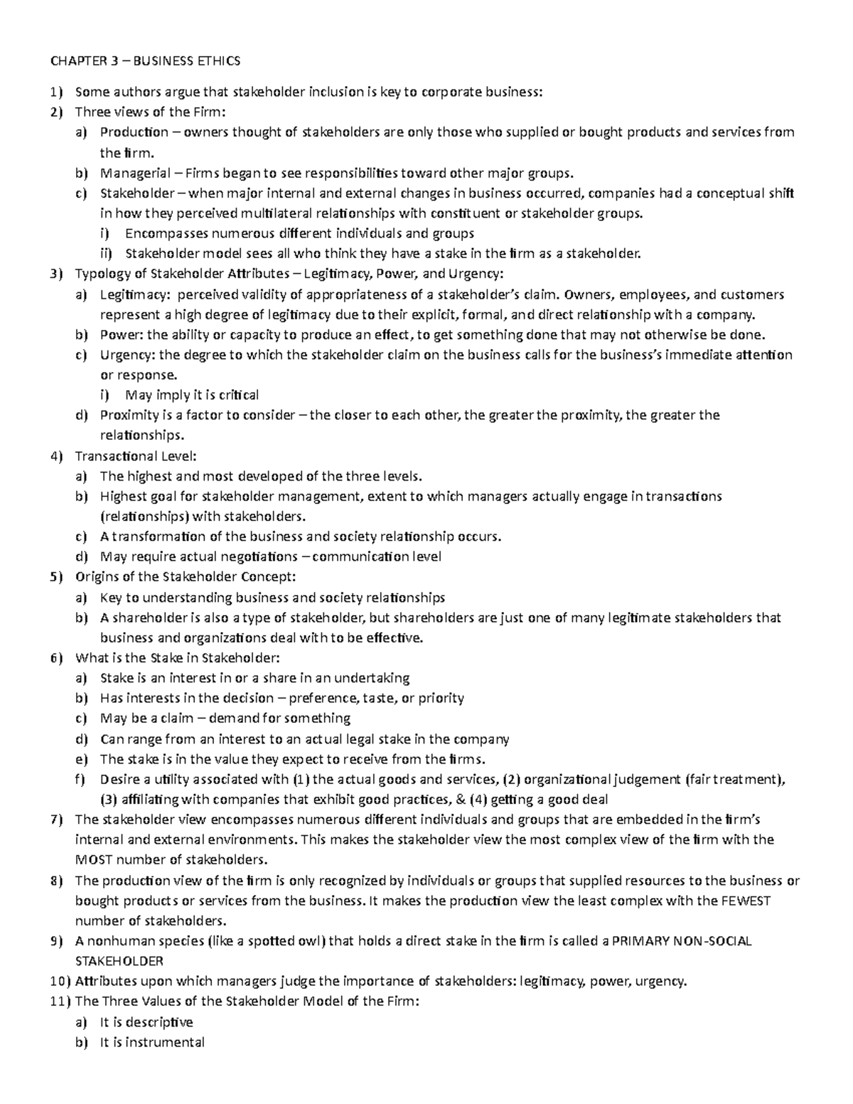 Bus Ethics Chp 3 Stakeholders & Business Relationships Review - Studocu