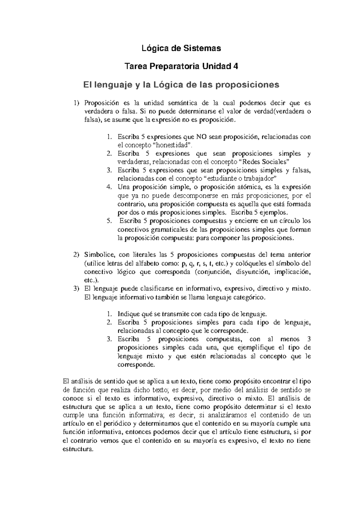 Lógica de Sistemas Tarea 4: Proposiciones y Lenguaje Lógico - Studocu