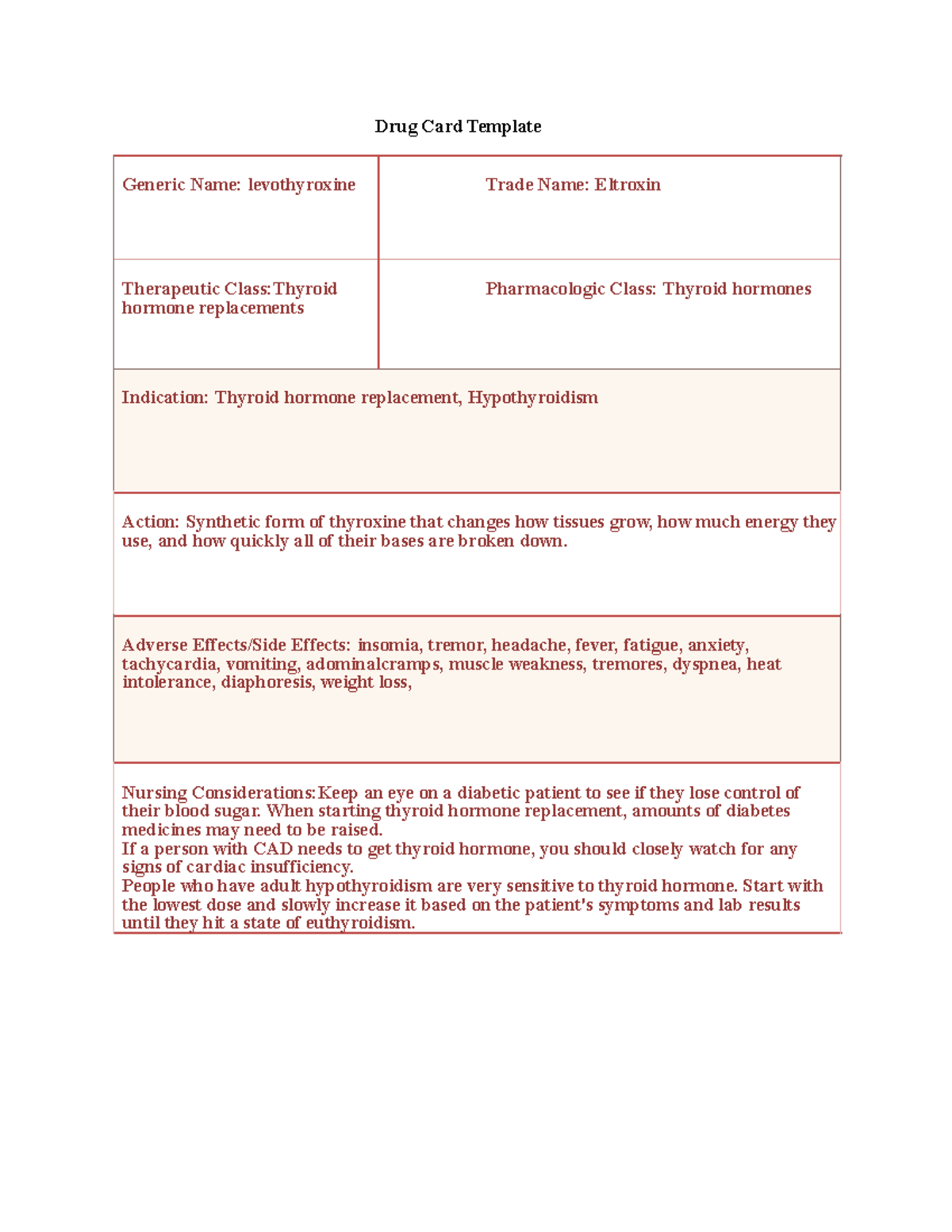 Levothyroxine Drug Card - Eltroxin Information & Nursing Care - Studocu